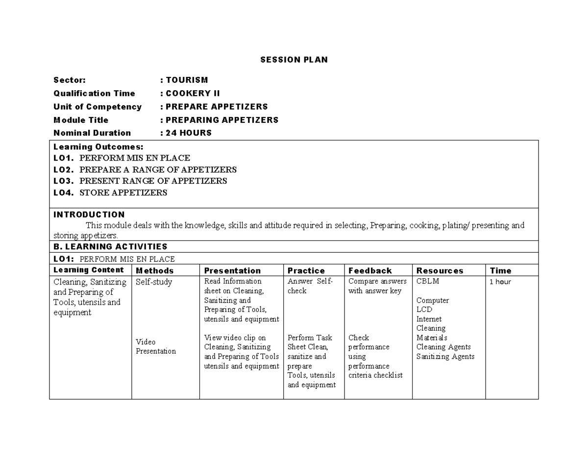 Ilide - for lesson - SESSION PLAN Sector: : TOURISM Qualification Time ...