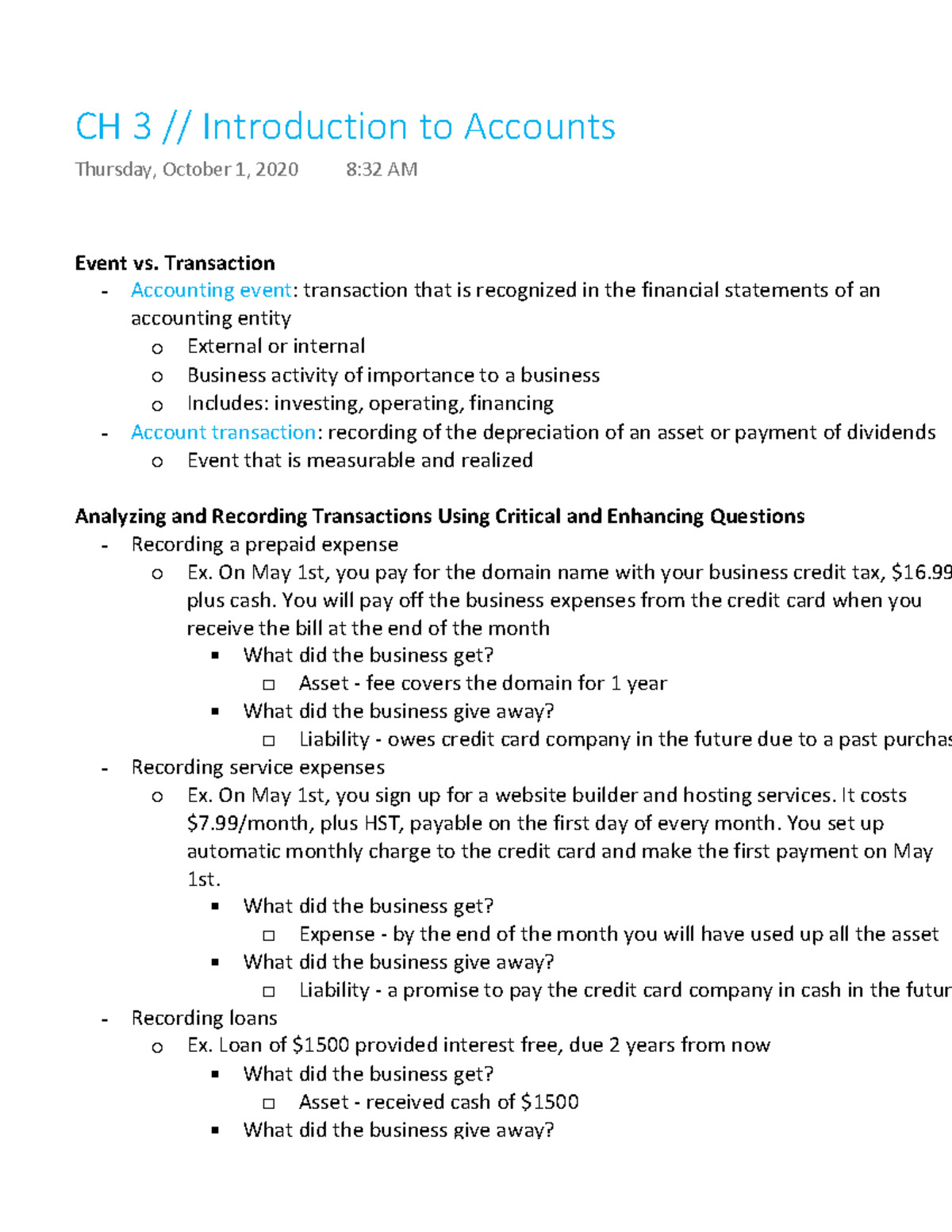 CH 3 Introduction to Accounts - Event vs. Transaction Accounting event ...