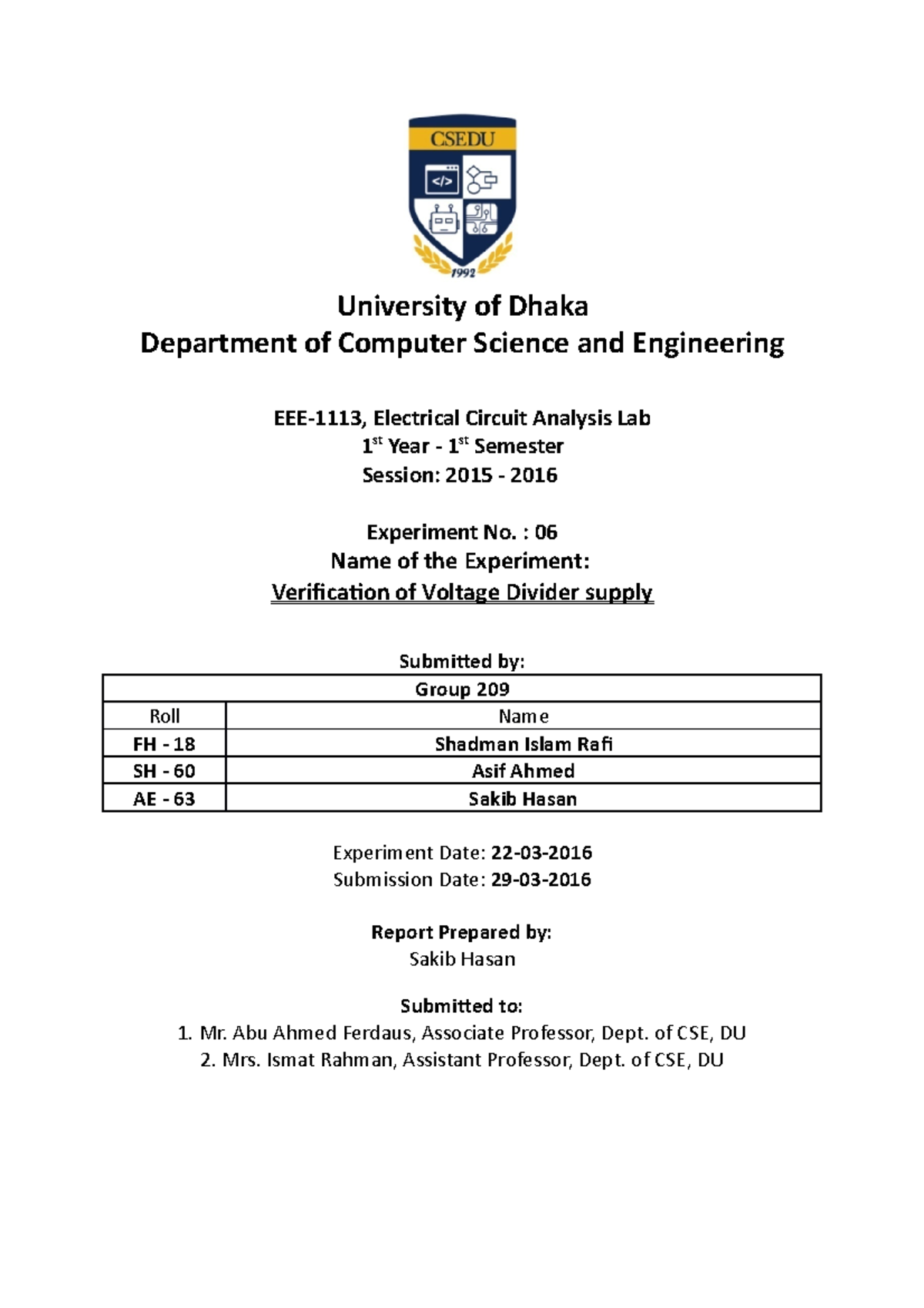 EEE-6 - Lab experiment & report - University of Dhaka Department of Computer Science and - Studocu