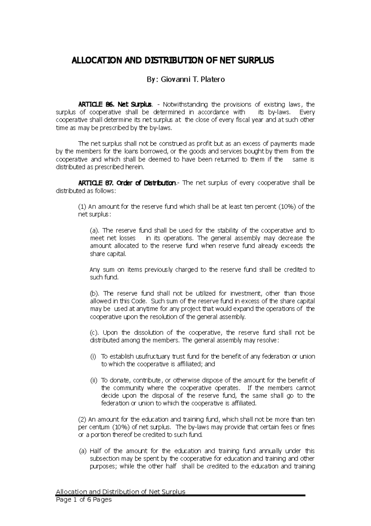 2843 - Icare materials - ALLOCATION AND DISTRIBUTION OF NET SURPLUS By ...