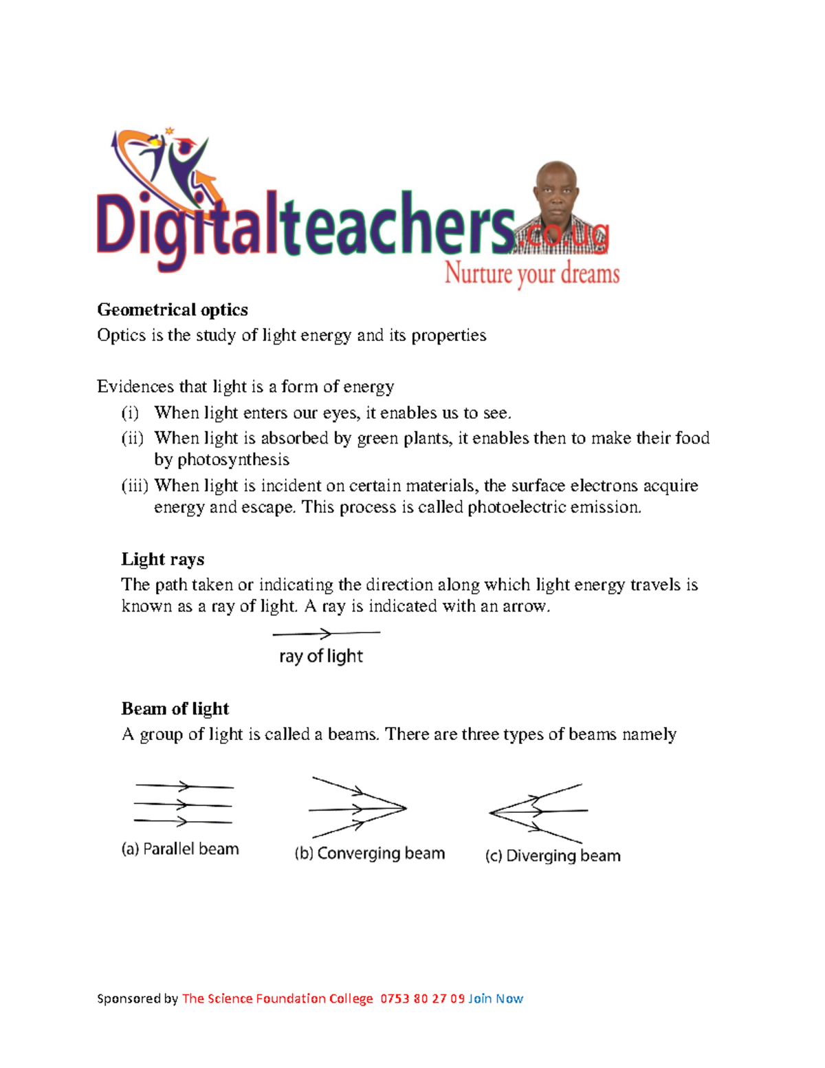 Reflection - NOTES - Geometrical optics Optics is the study of light ...