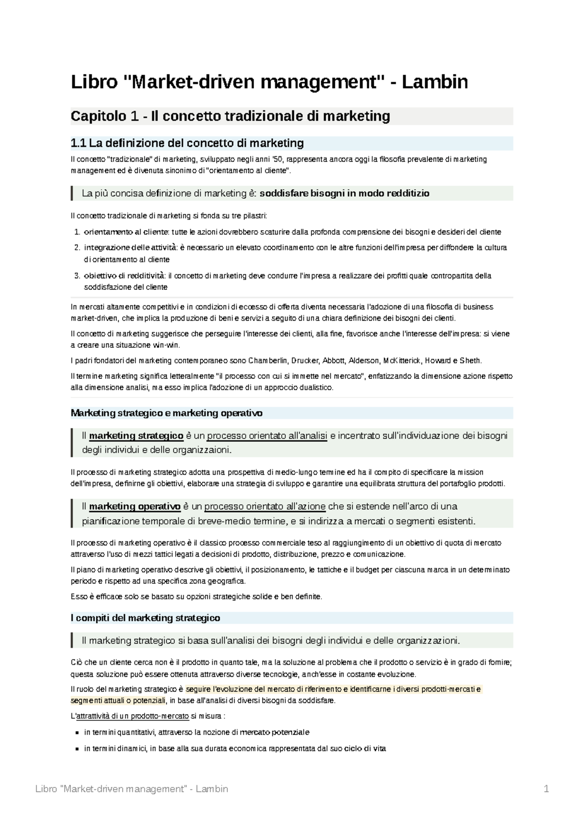 Riassunti Marketing Strategico - Libro "Market-driven management ...