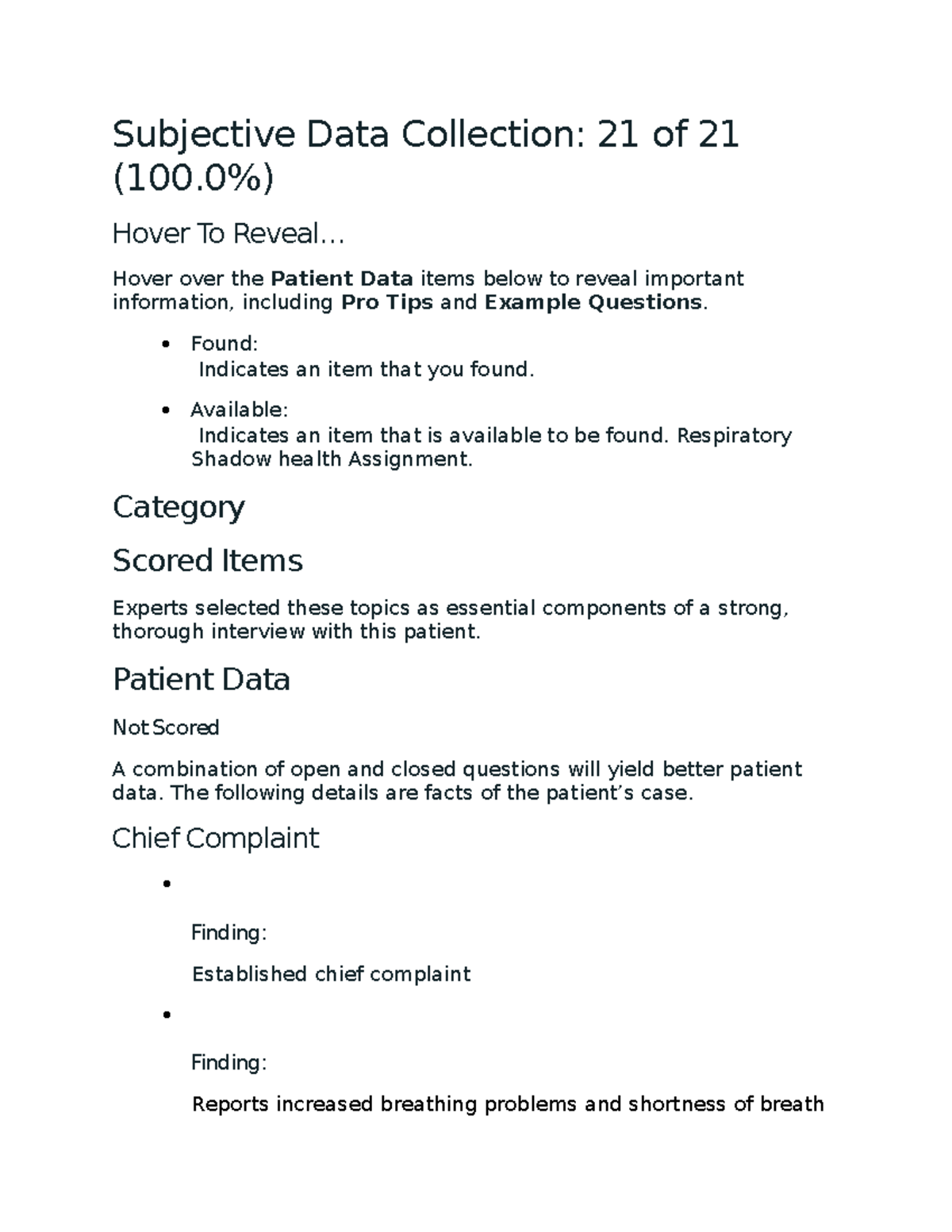 Tina Jones Respiratory - Subjective Data Collection: 21 of 21 (100% ...