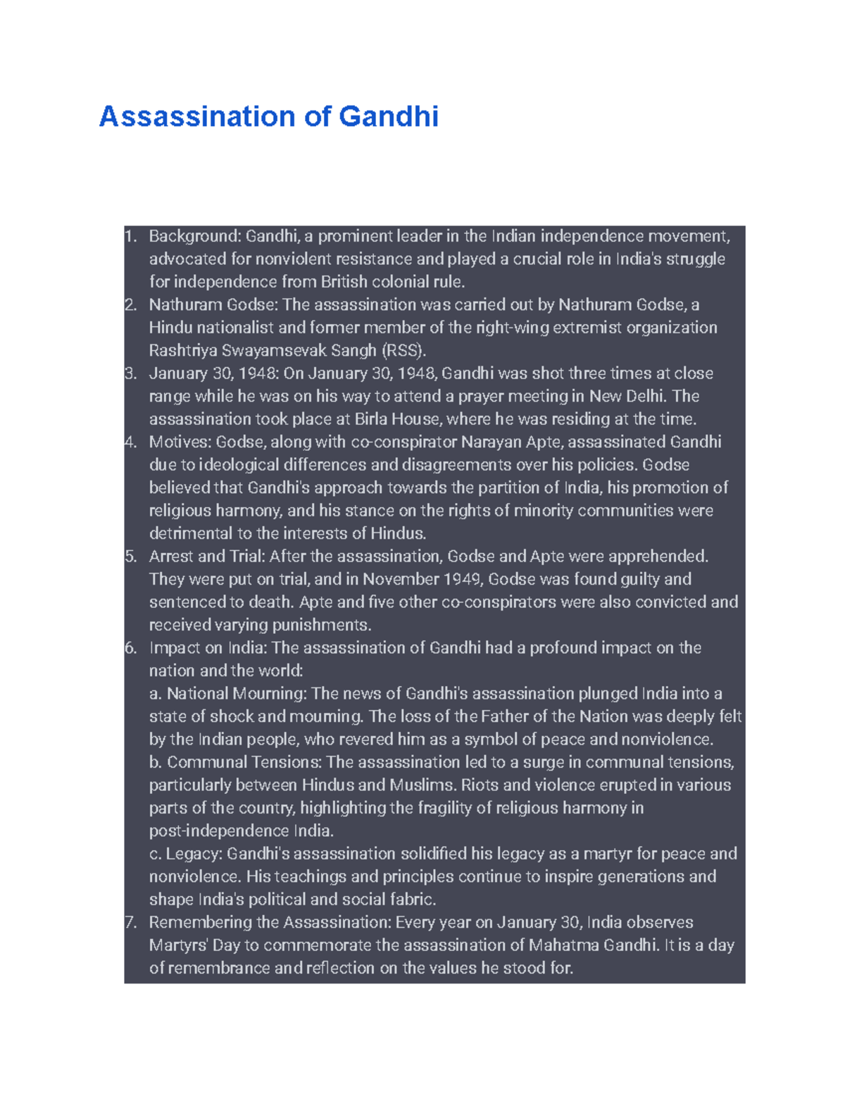 Assassination of Gandhi - Assassination of Gandhi Background: Gandhi, a ...
