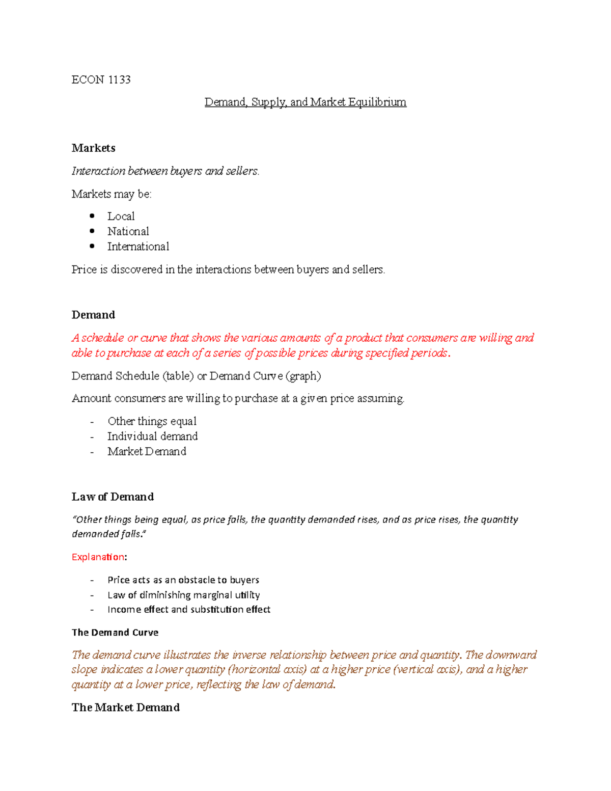 ECON 1133 Lecture 5 - Demand, Supply, and Equlibrium - ECON 1133 Demand ...