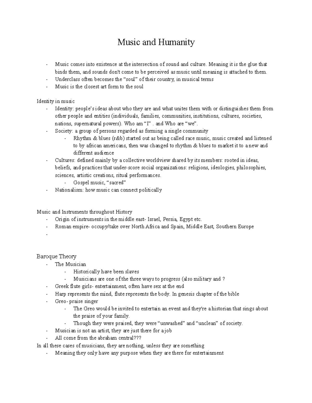 Intro to music - notes - Music and Humanity Music comes into existence ...