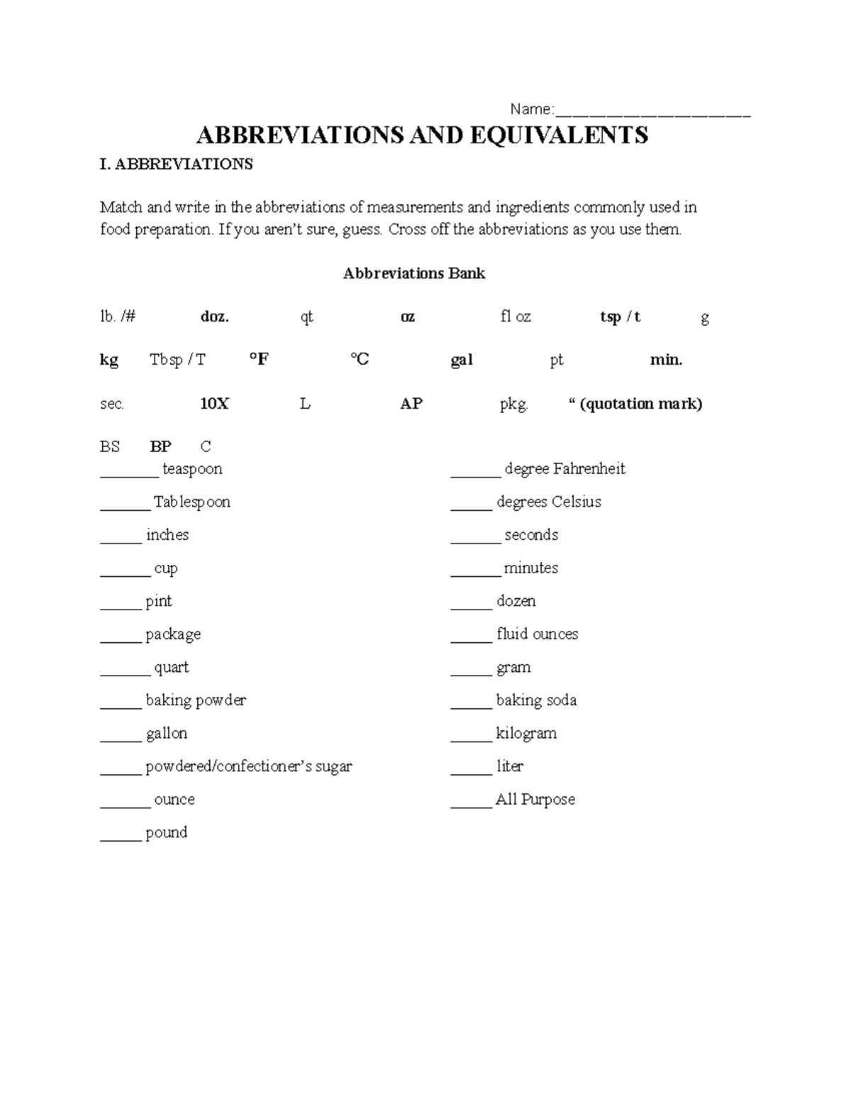 Abbreviations Equivalents Practice Worksheet - Name ...