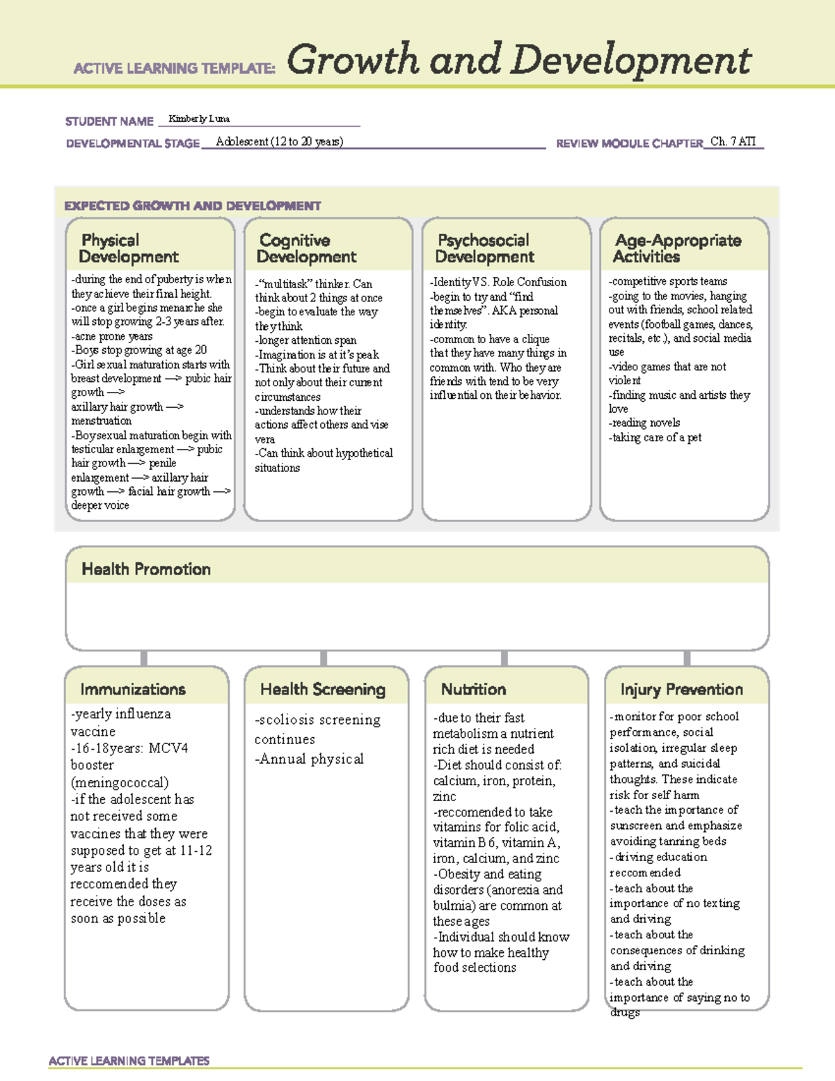 Growth and development template (Adolescent) - NURS4602 - Studocu