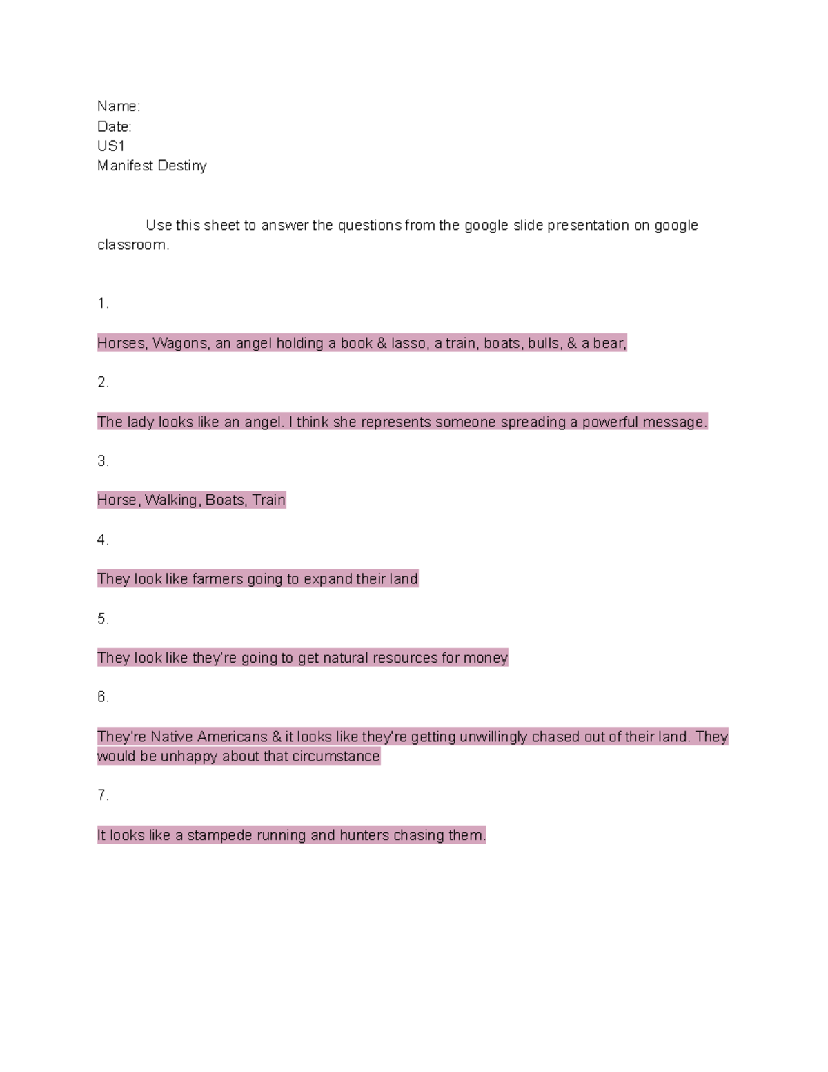 Manifest Destiny Questions - Name: Date: US Manifest Destiny Use this ...