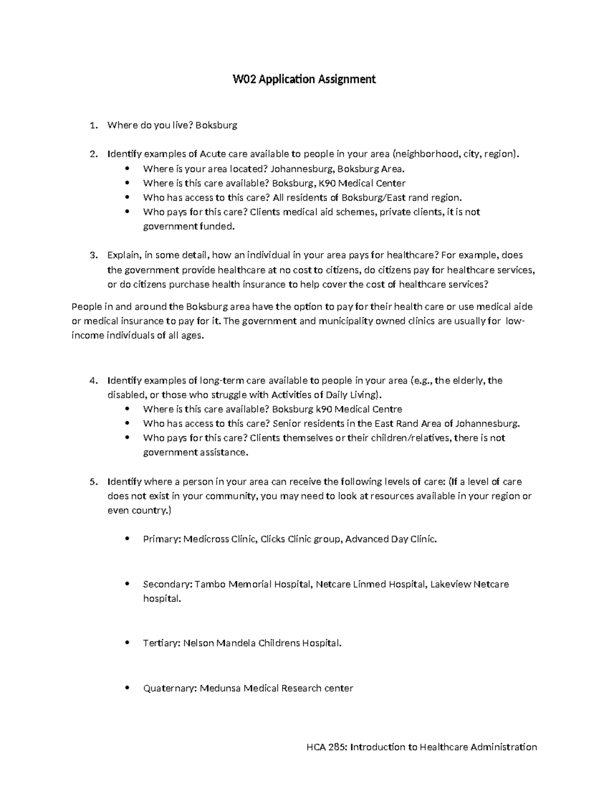 Hca285 document W02 Application Assignment Samuel Musandirire - W02 Application Assignment Where ...