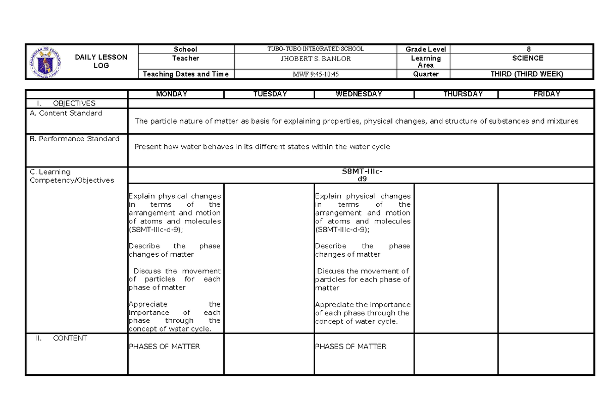 SCIENCE 8 QUARTER III - DAILY LESSON LOG School TUBO-TUBO INTEGRATED ...