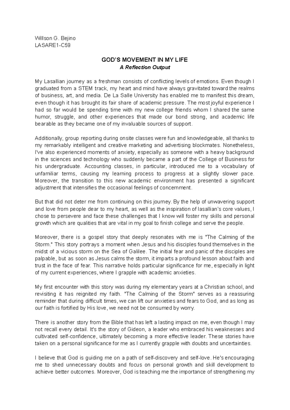 Lasare 1 Reflection Output - Willson G. Bejino LASARE1-C GOD’S MOVEMENT ...