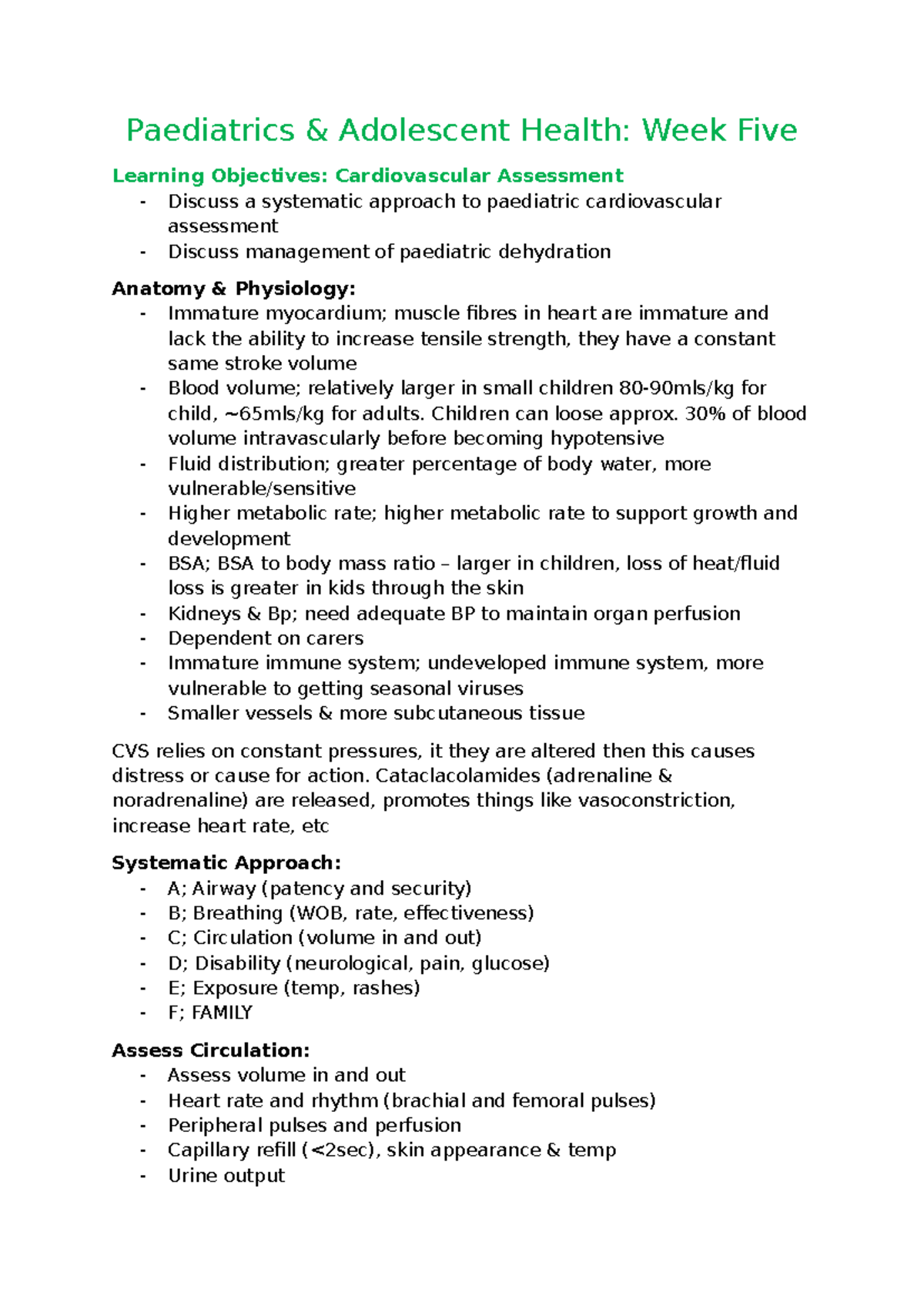 Paeds Week Five - Week 5 lecture notes - Paediatrics & Adolescent ...