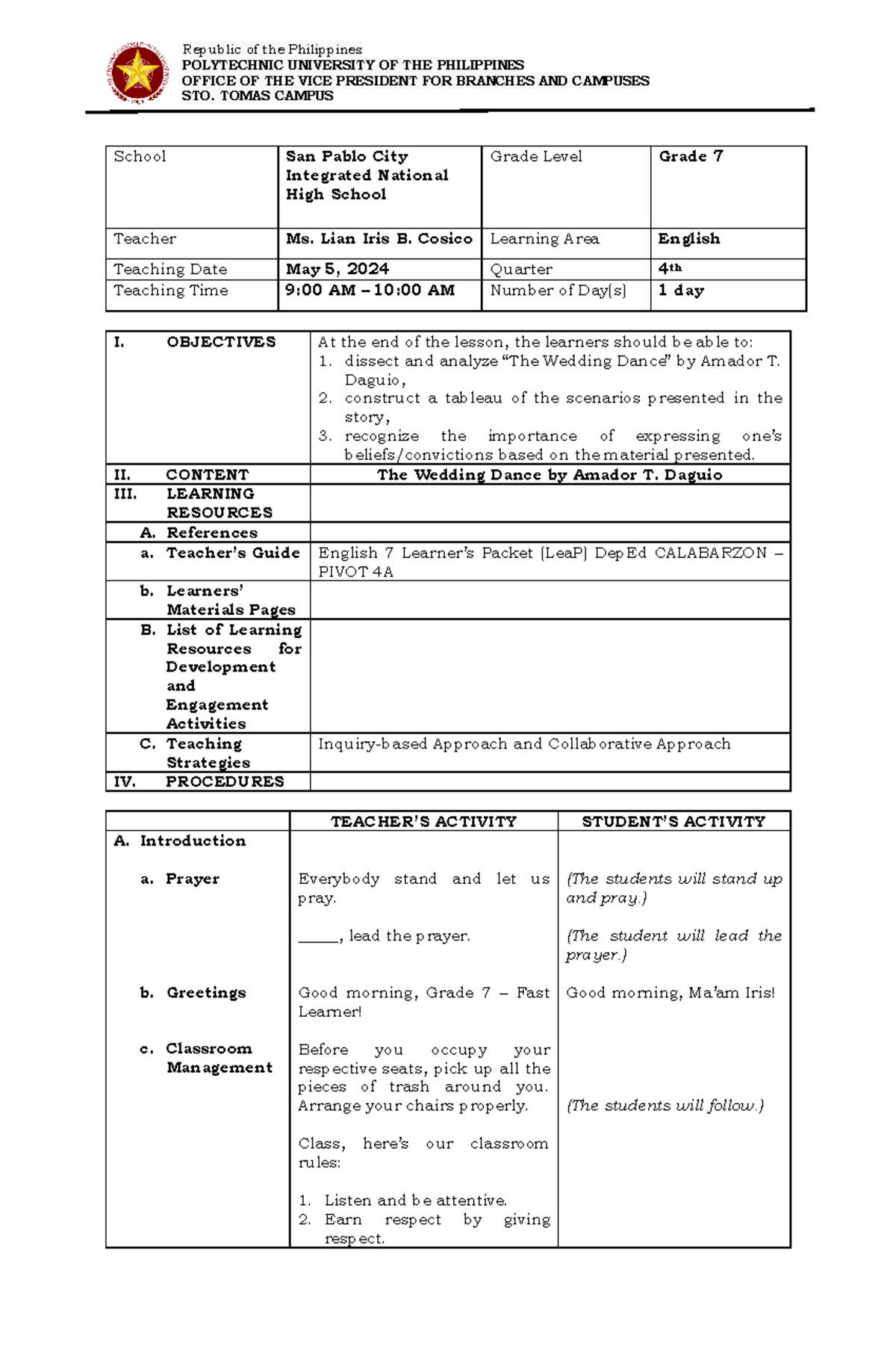 Cosico, Lian Iris B. LP - A lesson plan for "The Wedding Dance" by ...