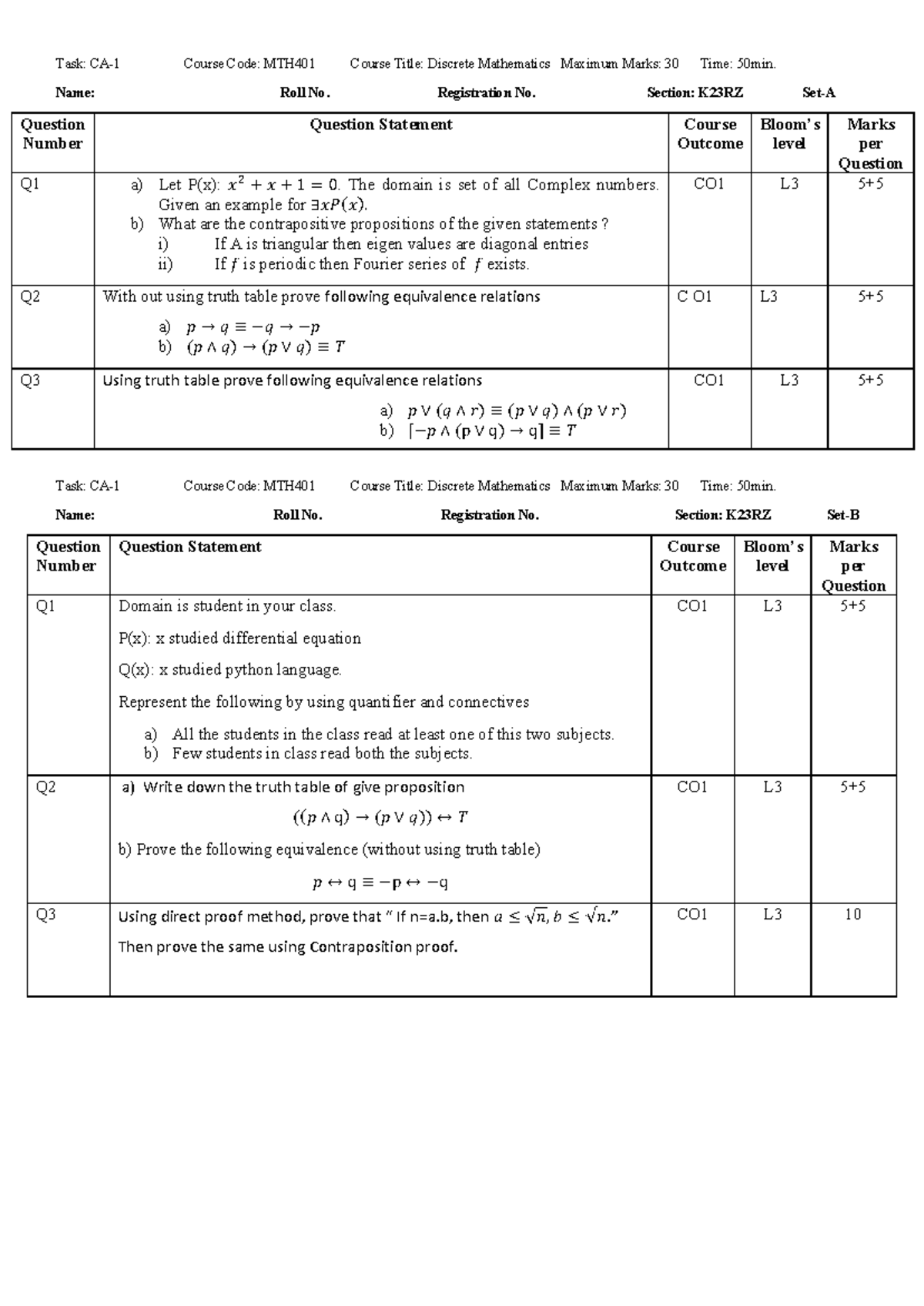 K23RZ - ca papers - Task: CA- 1 Course Code: MTH 401 Course Title: Discrete Mathematics Maximum ...
