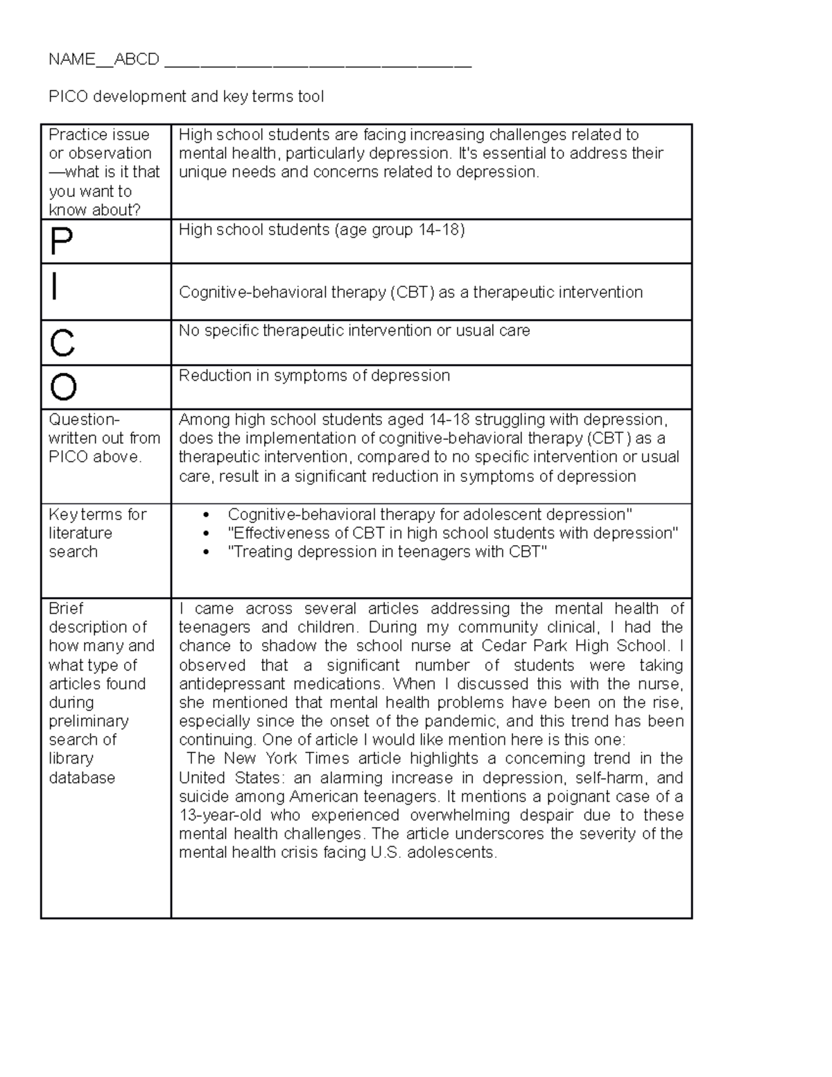 PICO Question Worksheet-2 - NAME__ABCD __________________________________ PICO development and ...