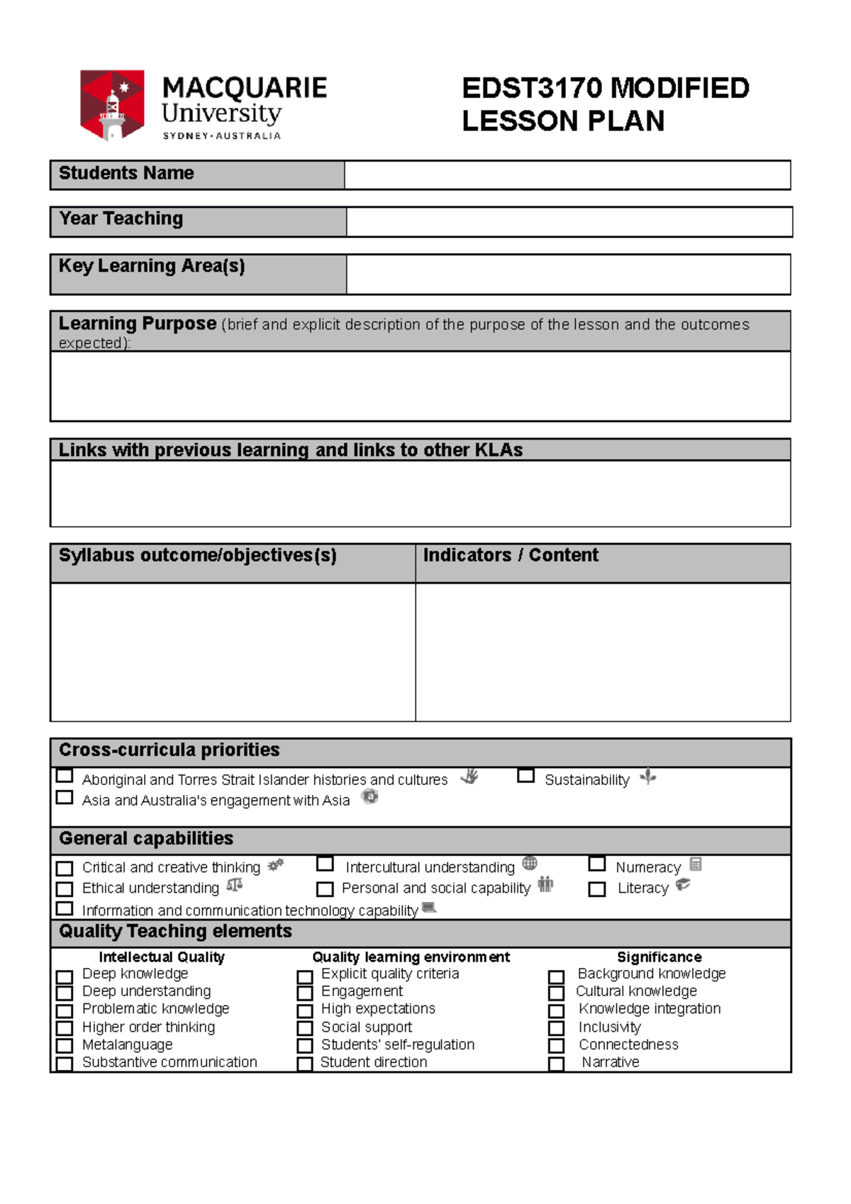 Lesson Plan Template - EDST3170 MODIFIED LESSON PLAN Students Name Year ...
