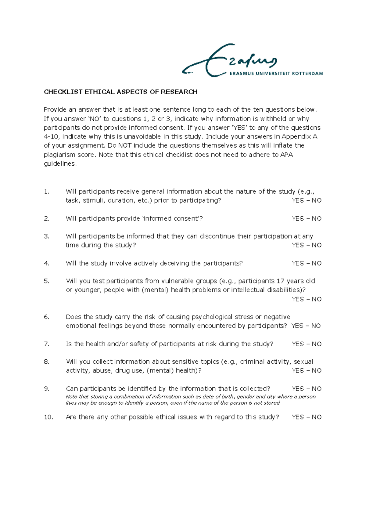 Checklist Ethics of Research - CHECKLIST ETHICAL ASPECTS OF RESEARCH ...