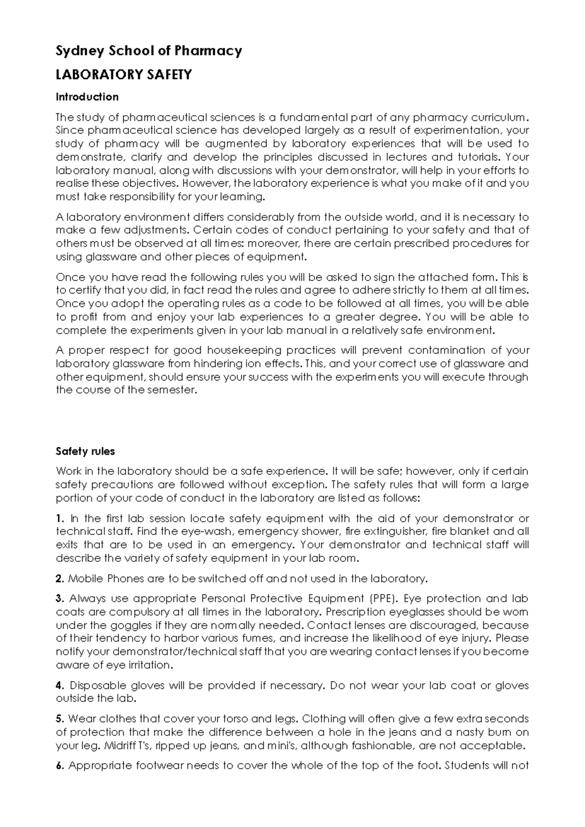 Laboratory Safety - lab saftey info - Sydney School of Pharmacy ...