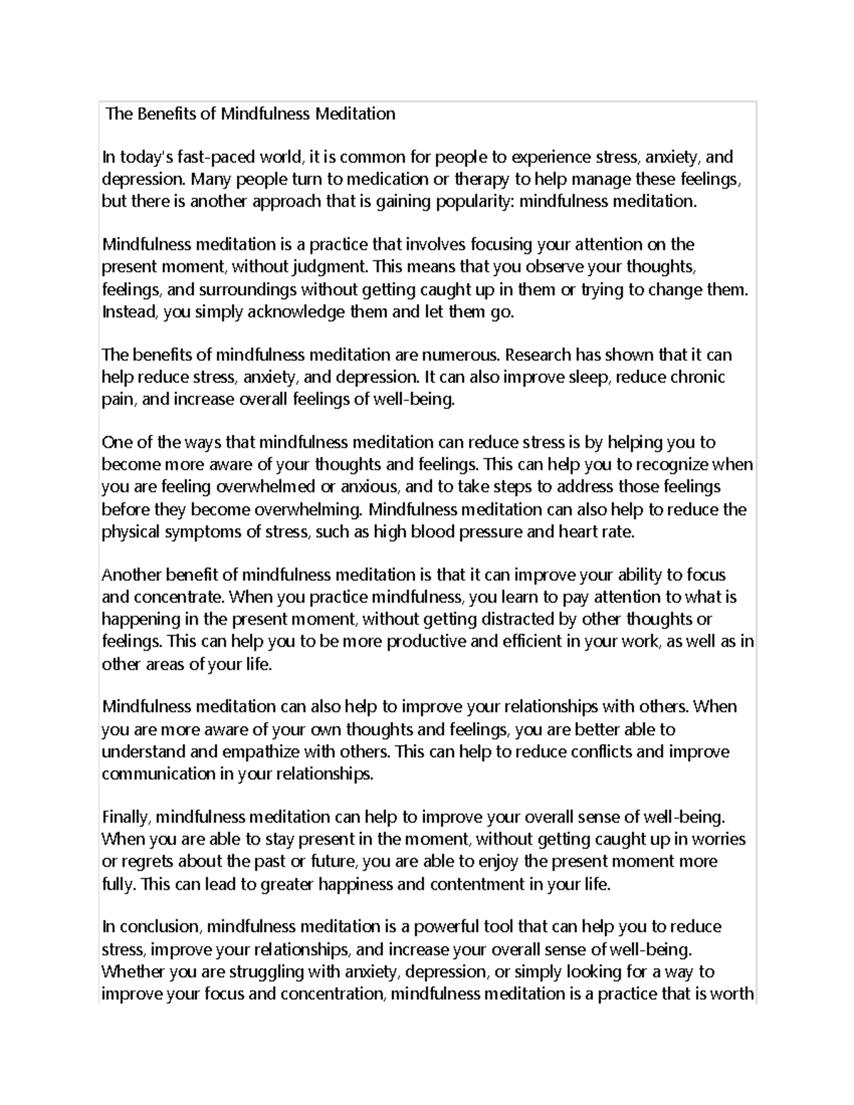 Doc2 - In class assignment/notes - The Benefits of Mindfulness ...