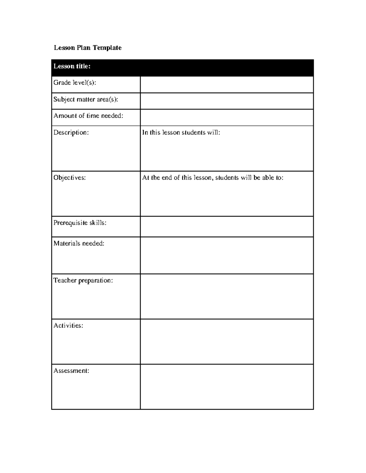Printable Lesson Plan Template - Lesson Plan Template Lesson title ...