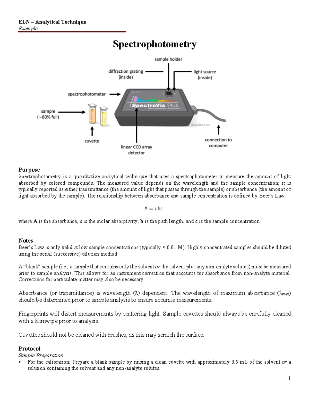 Eln example - ELN – Analytical Technique Example 1 Spectrophotometry ...