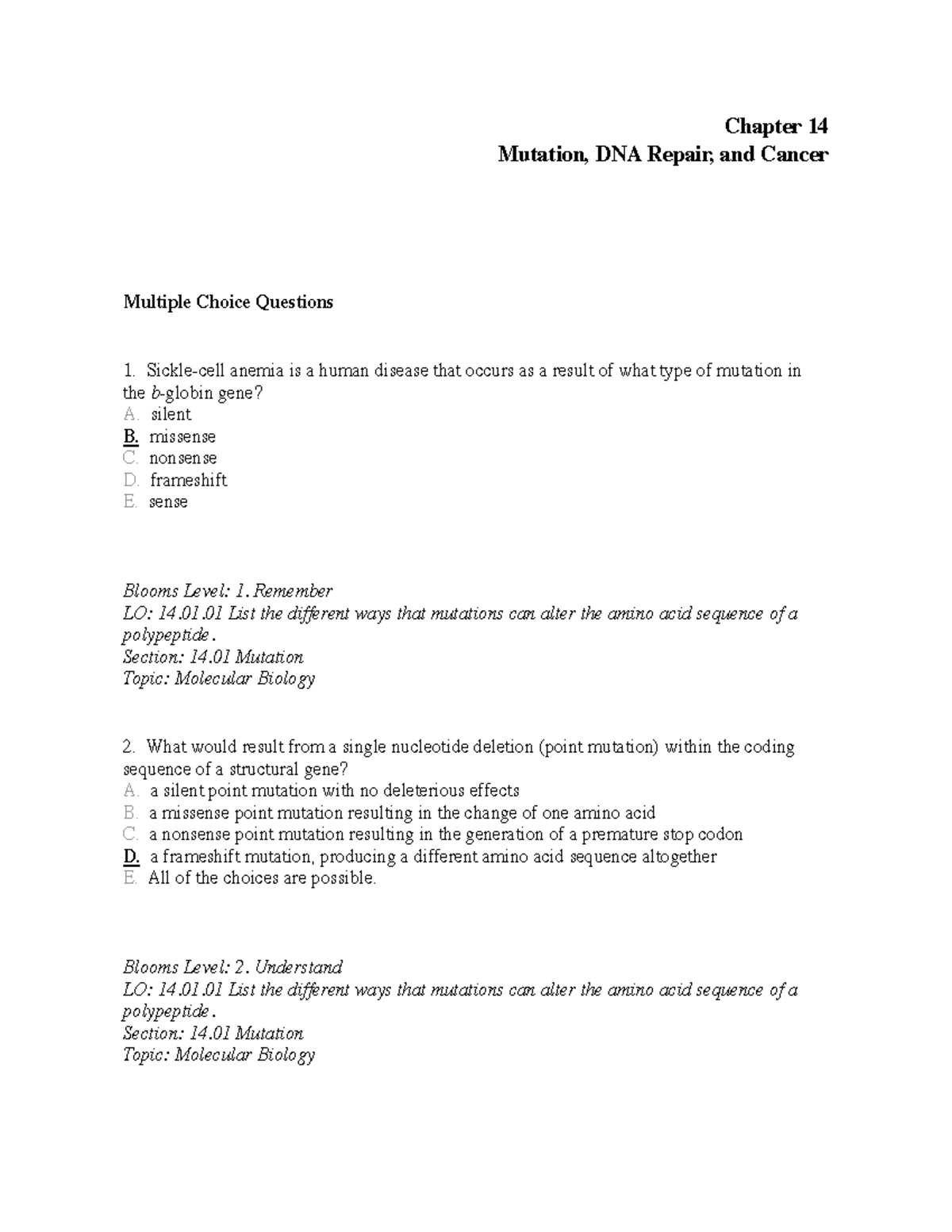 Chap014 - assignment - Chapter 14 Mutation, DNA Repair, and Cancer Multiple Choice Questions ...