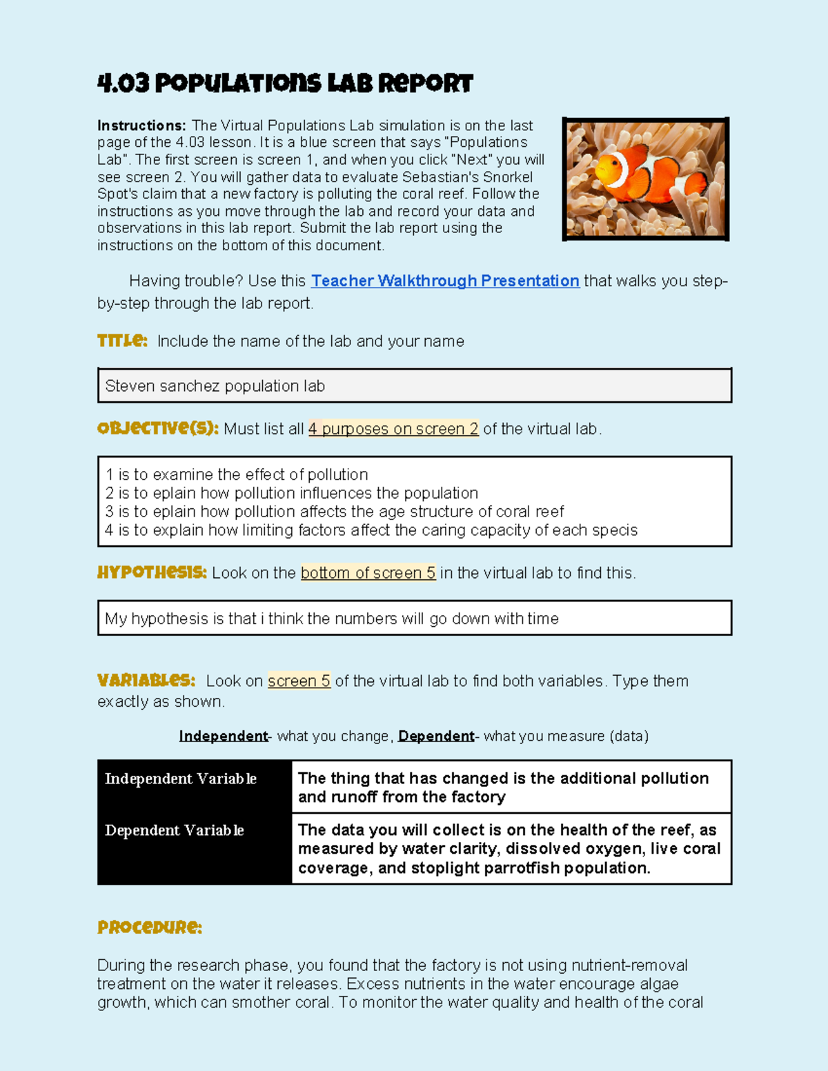 Copy of 4.03 lab report template-v23 - 4 Populations Lab Report Instructions: The Virtual - Studocu