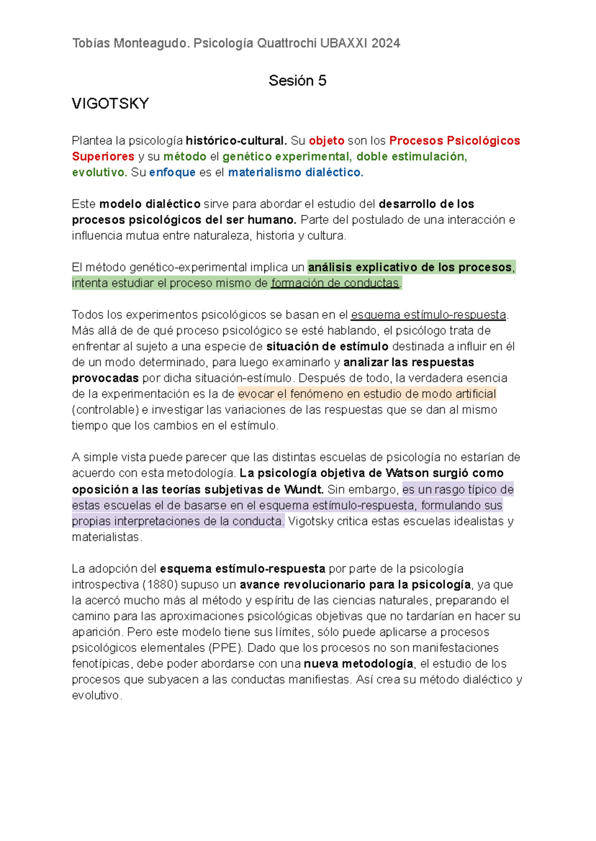 Psicología 2do parcial Quattrochi - Sesión 5 VIGOTSKY Plantea la ...