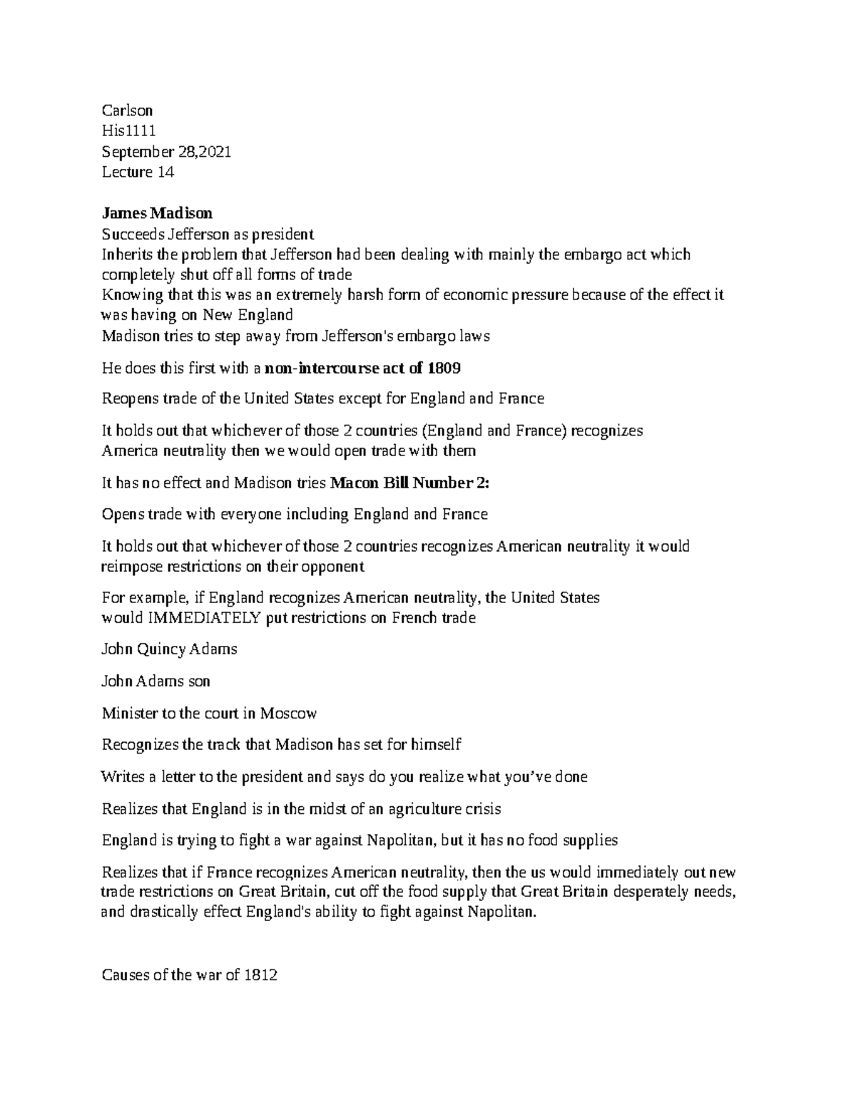 Hsitory - Lecture notes 14 - Carlson His September 28, Lecture 14 James ...