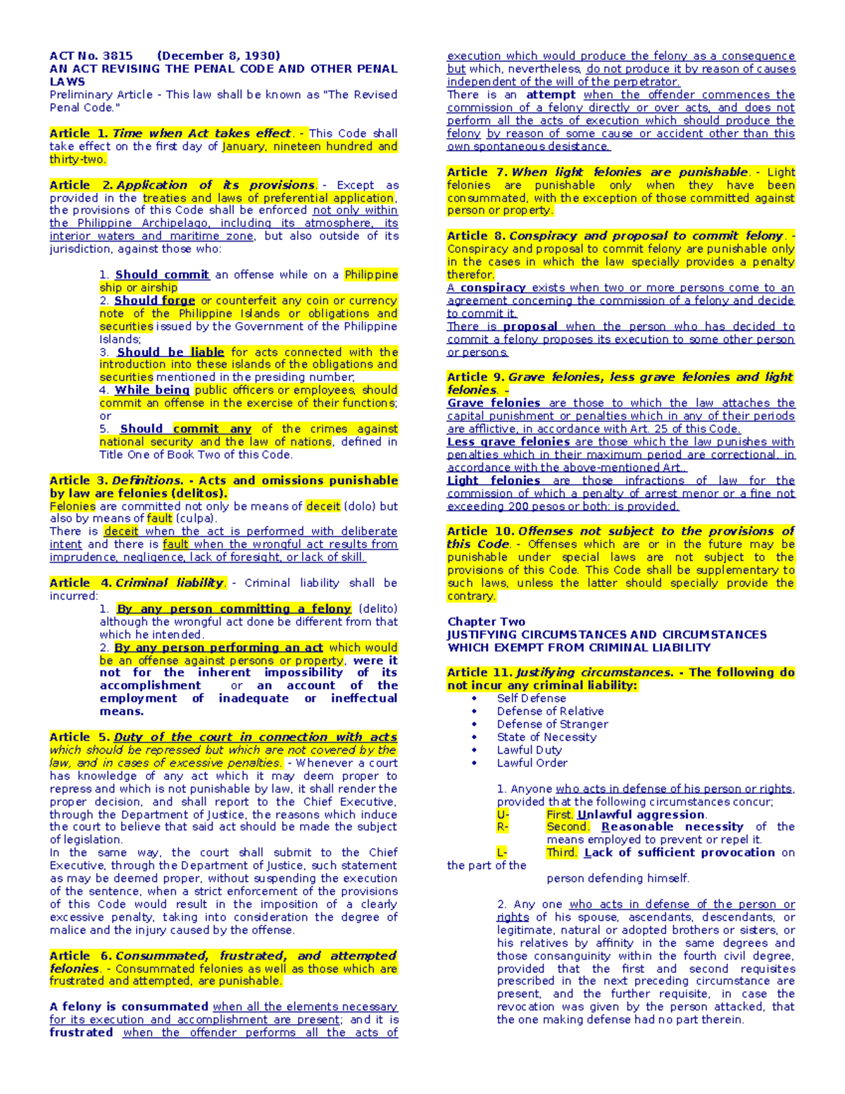 RPC Article 1-15 - Summary The Revised Penal Code Title 2 - ACT No ...
