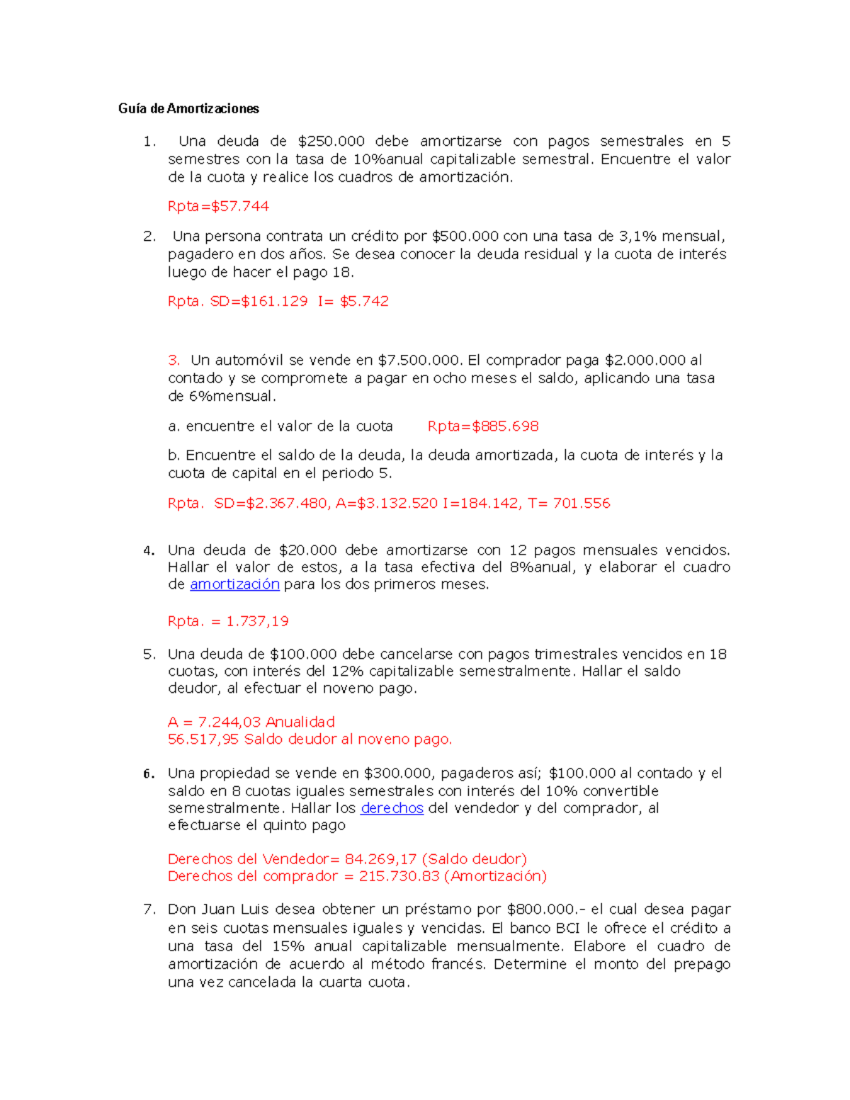 Gu Ã­a de Amortizaciones - Guía de Amortizaciones 1. Una deuda de $250 ...