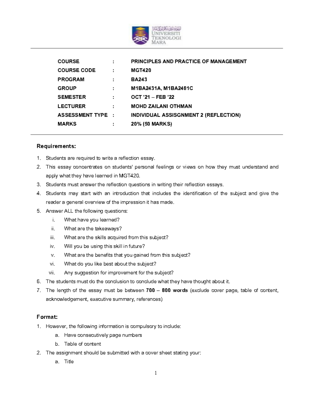 MGT420 Individual Assignment 1 ( Reflection) Oct21-Feb22 - 1 COURSE ...