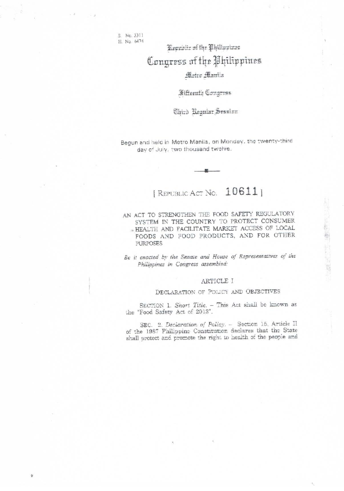Republic Act No 10611 Hospitality Management Studocu