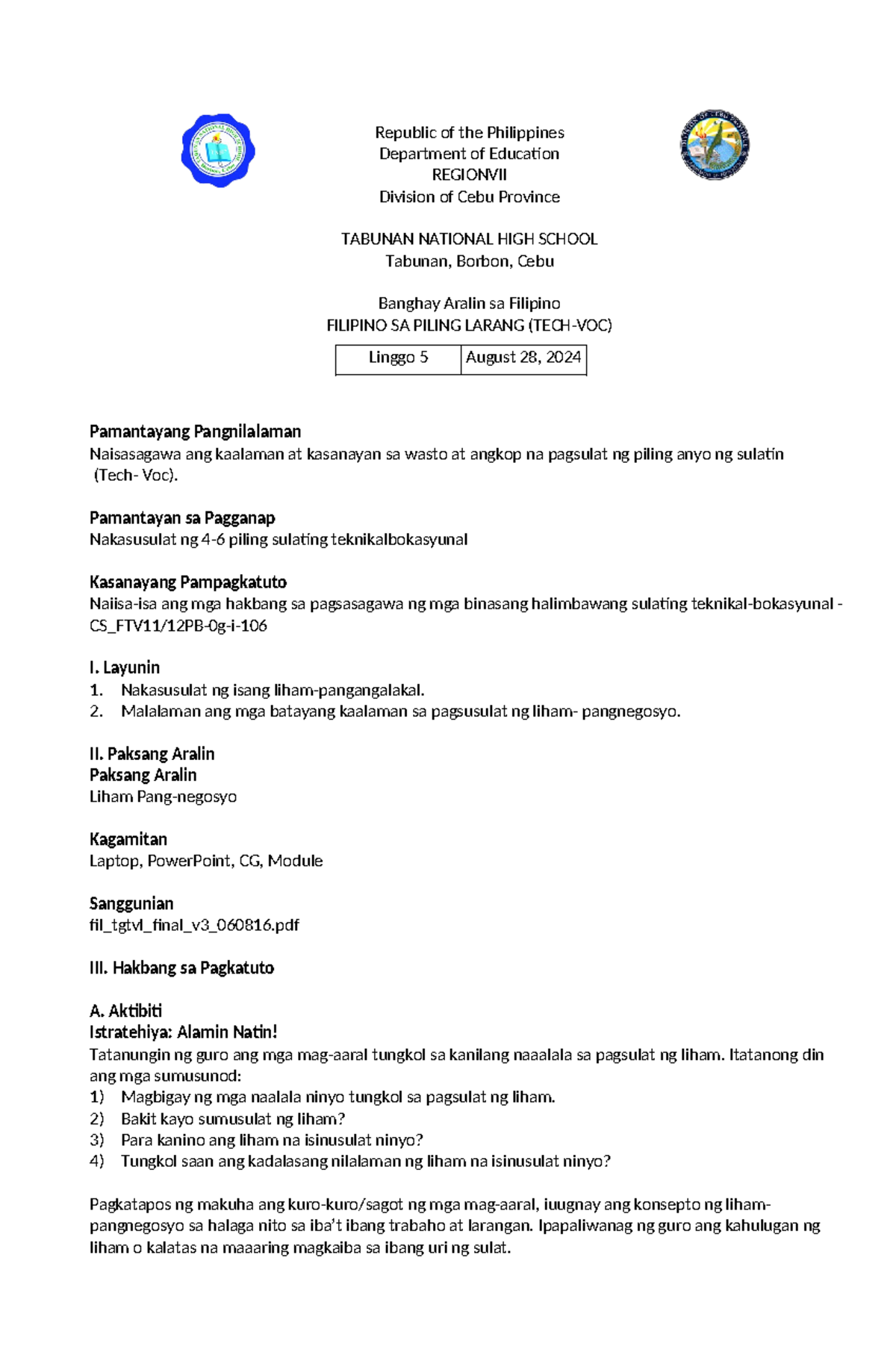 Filipino DLP October - STUDY PURPOSES - Republic of the Philippines ...