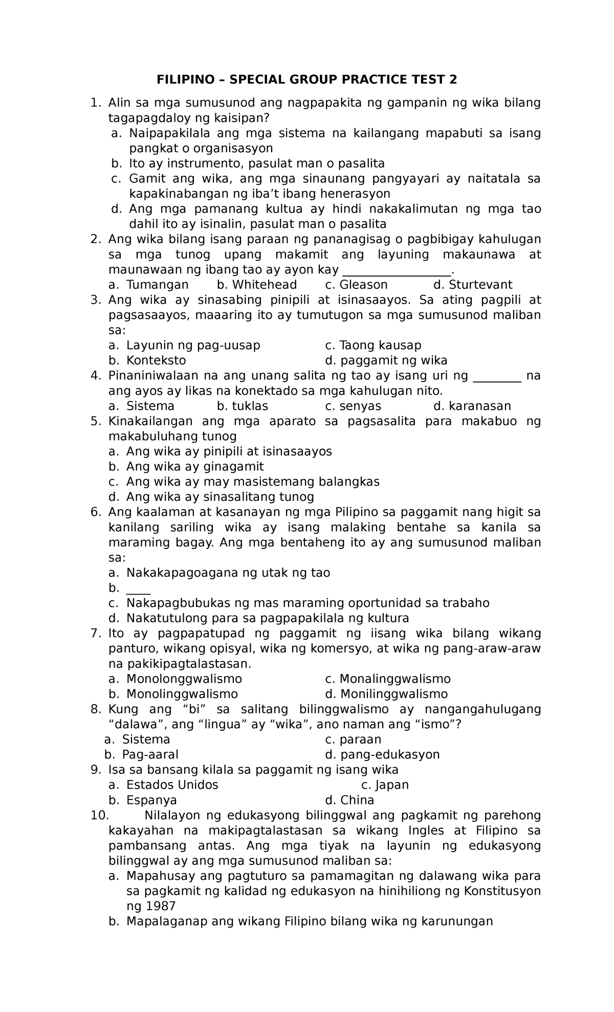 Filipino - Practice TEST 2 - FILIPINO – SPECIAL GROUP PRACTICE TEST 2 ...