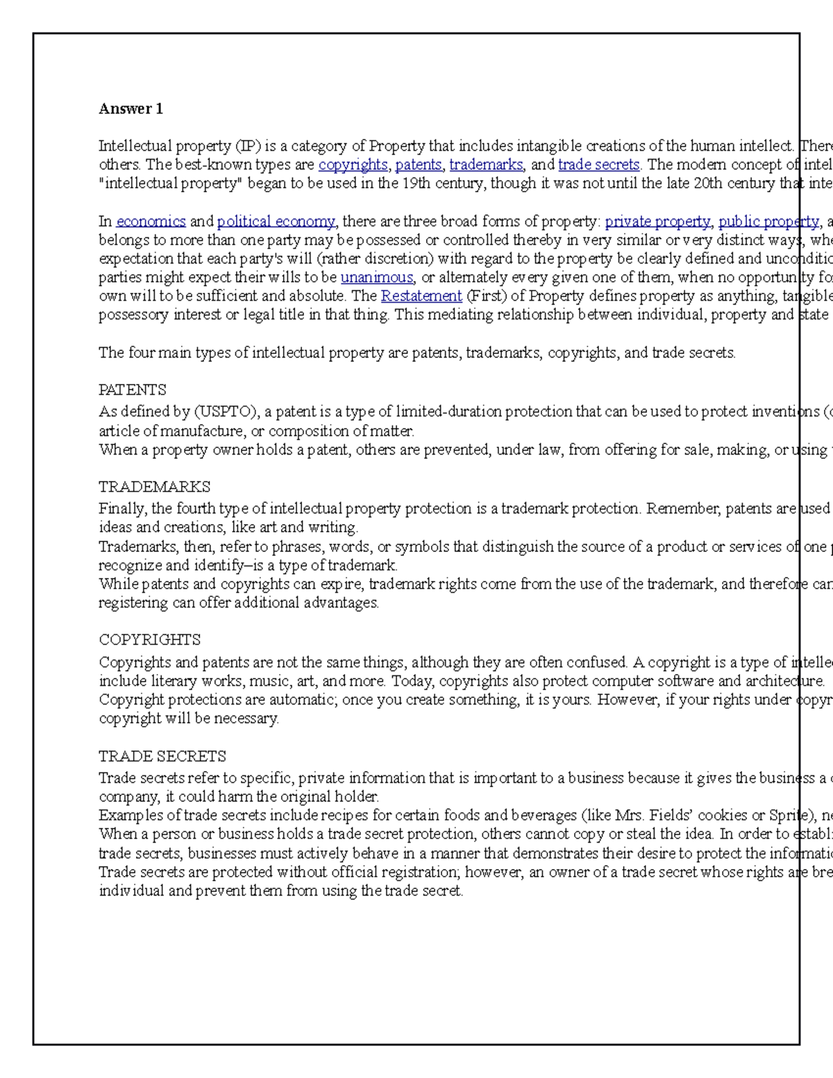 IP - TEST Mayank Chanderiya - Answer 1 Intellectual property (IP) is a ...