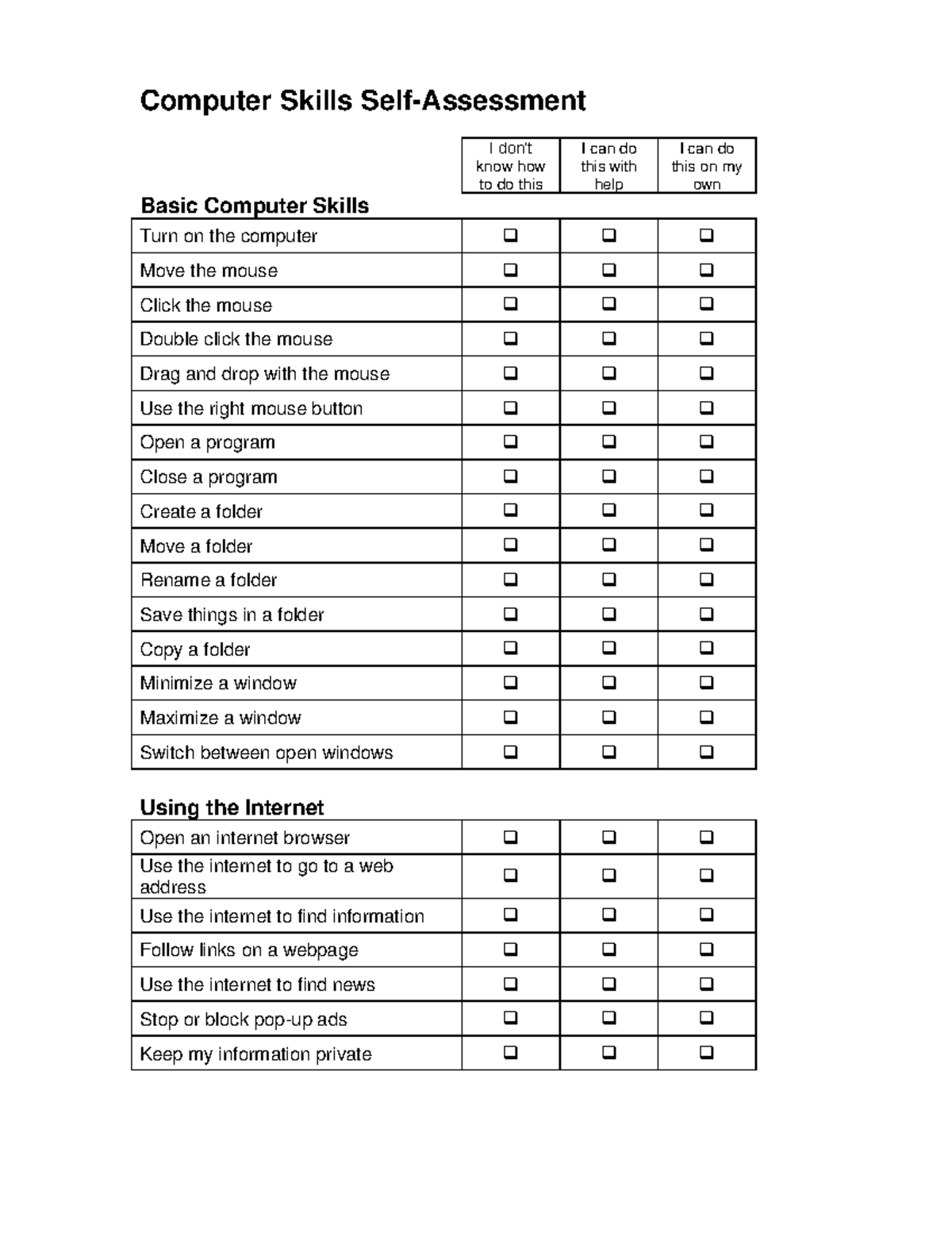 Computer Skills Goal Setting - Computer Skills Self-Assessment I don’t know how to do this I can ...