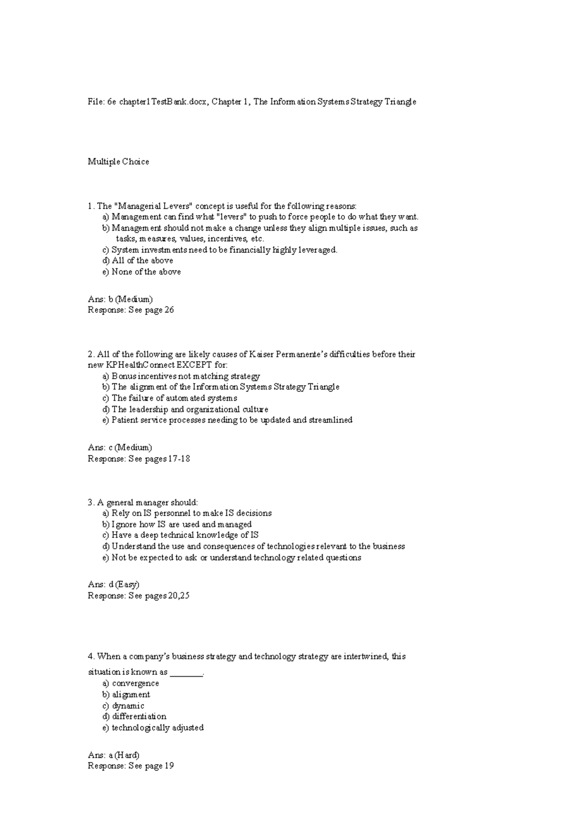 SIS Chap 1 The Information Systems Strategy Triangle test bank - File ...