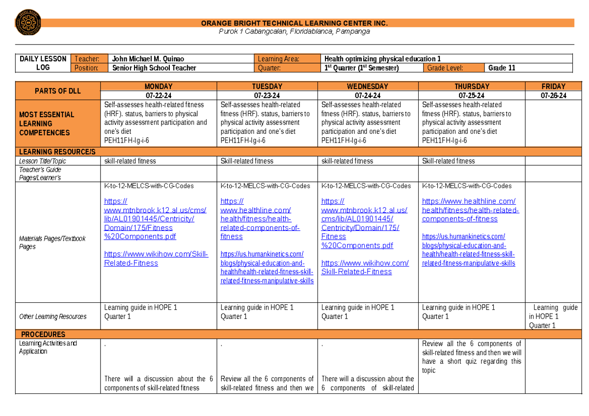 DLL HOPE1 week3 - Daily lesson plan in HOPE 1 - ORANGE BRIGHT TECHNICAL ...