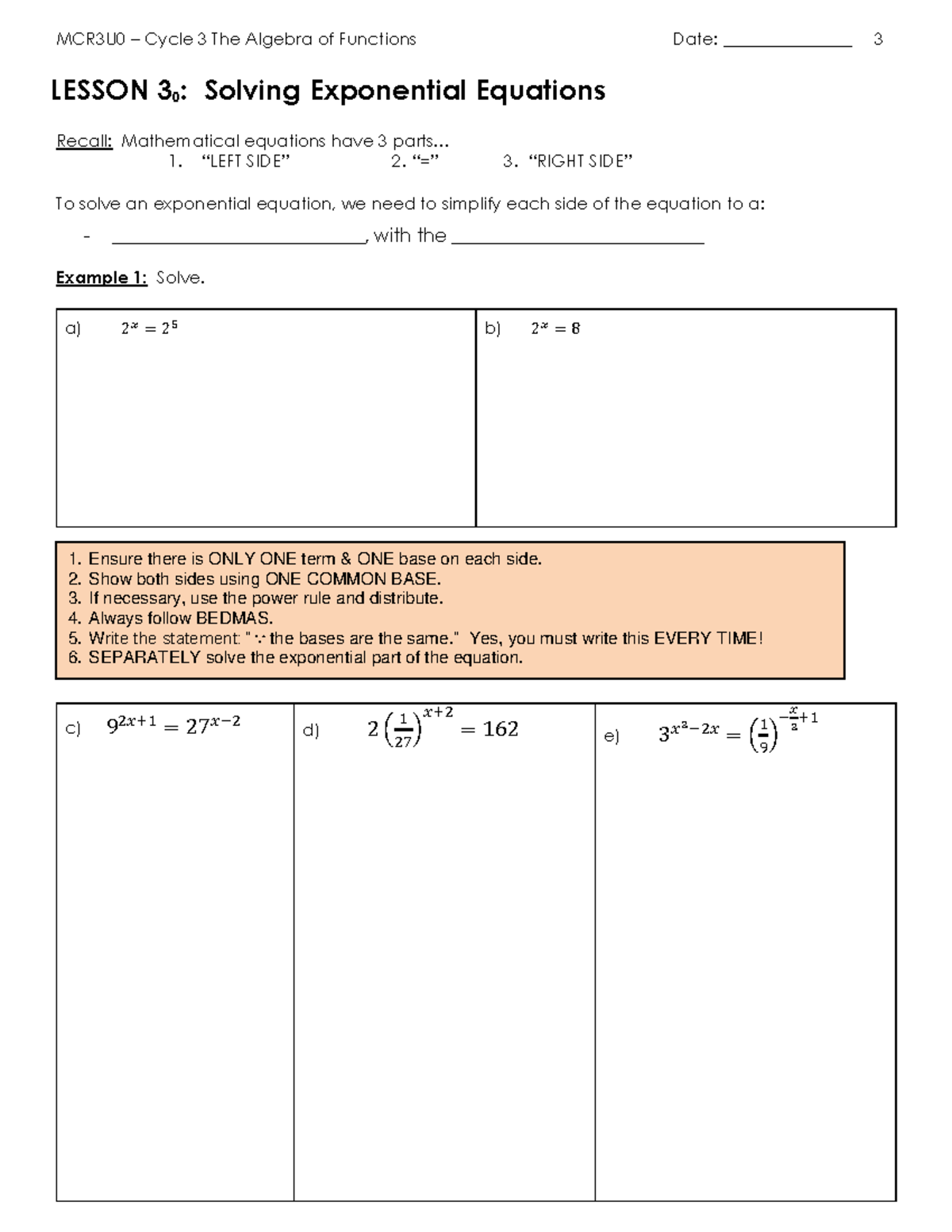 C3 - 3o - Solving Exponential Equations Lesson - MCR3U0 – Cycle 3 The Algebra of Functions Date ...