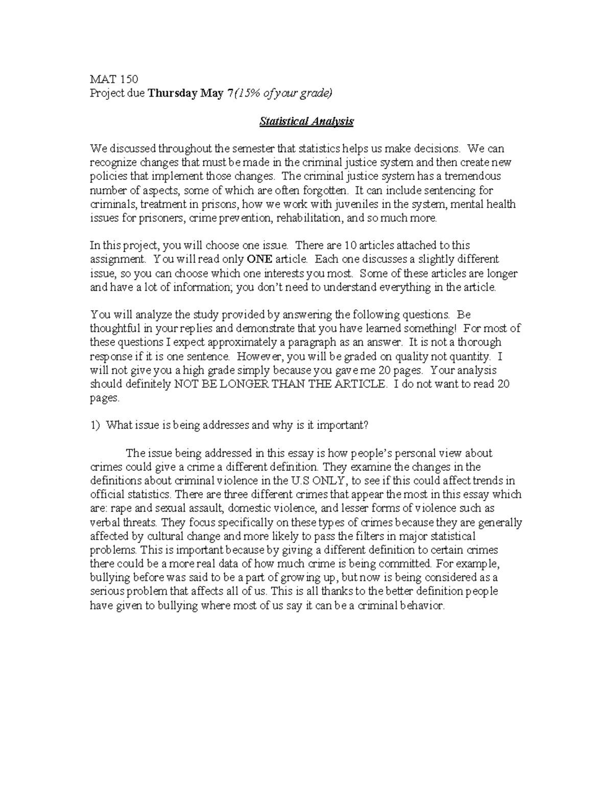 Project MAT 150 - MAT 150 Project due Thursday May 7 ( 15 % of your ...