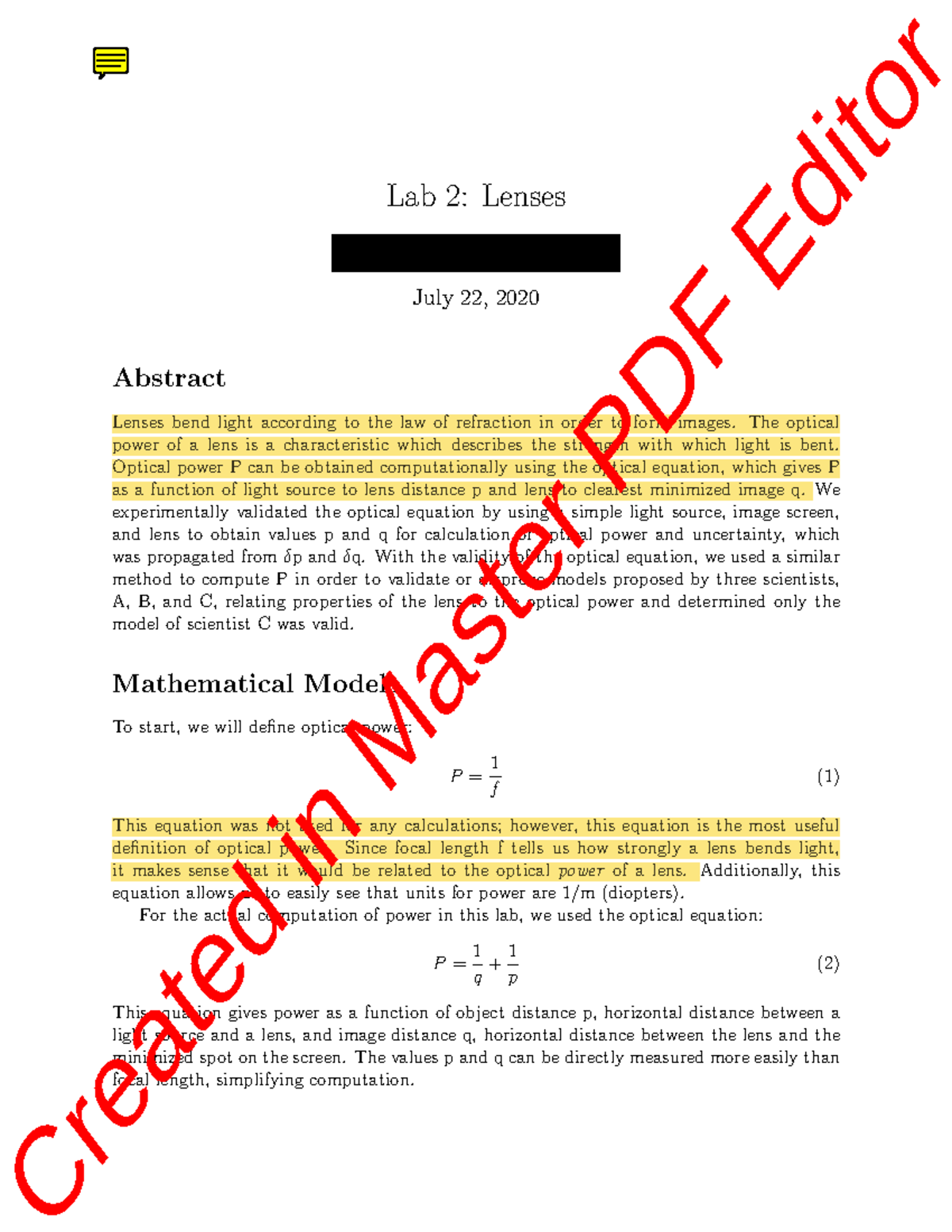 Example-paper - Lab Lecture Phys - Lab 2: Lenses July 22, 2020 Abstract ...