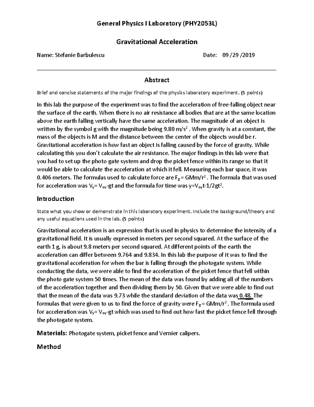 Gravitational Acceleration Physics Lab Report Warning Tt Undefined Function 32 Warning Tt