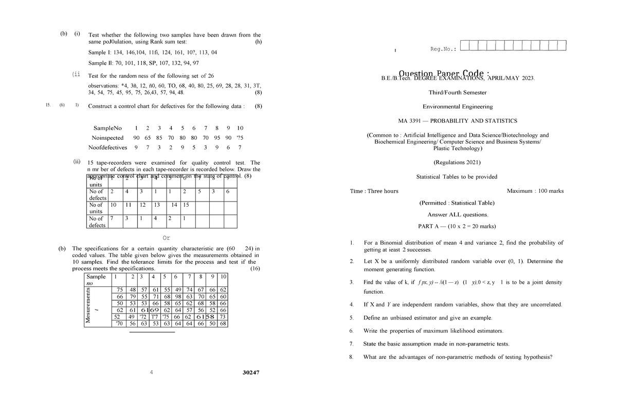 MA3391-Probabilityand Statistics R2021-2023April - 4 ( Question Paper ...