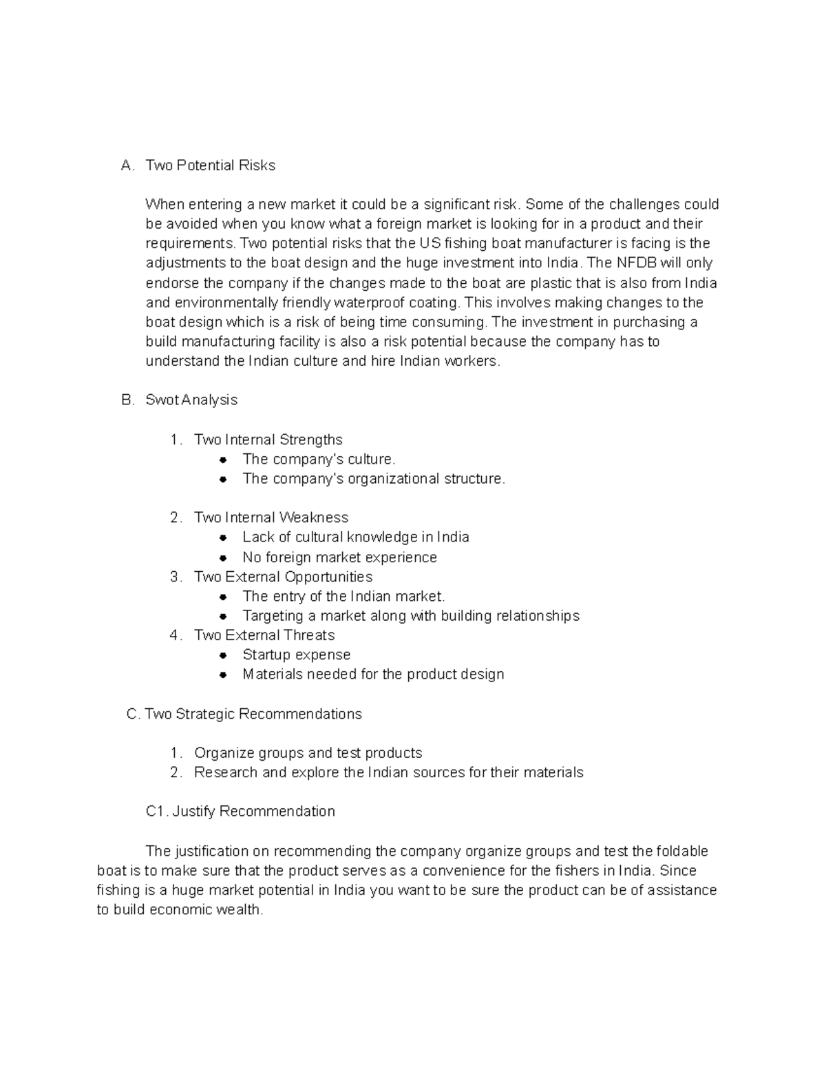 C714 Task 2 - Business Strategy - A. Two Potential Risks When entering ...