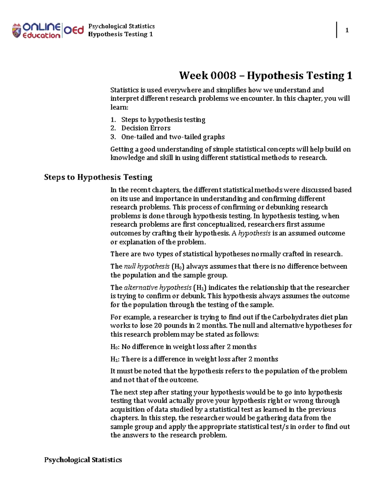 W8-Module Hypothesis Testing 1 - Psychological Statistics Hypothesis ...