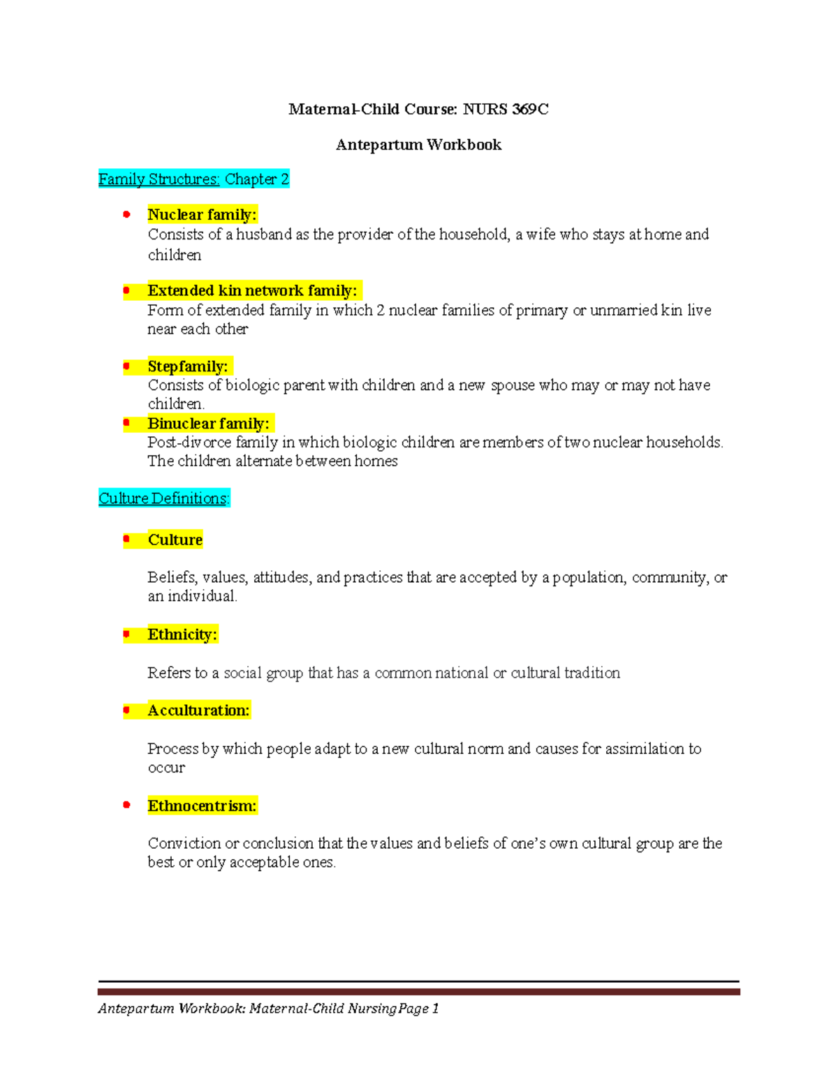 Antepartum Workbook docx - Maternal-Child Course: NURS 369C Antepartum ...