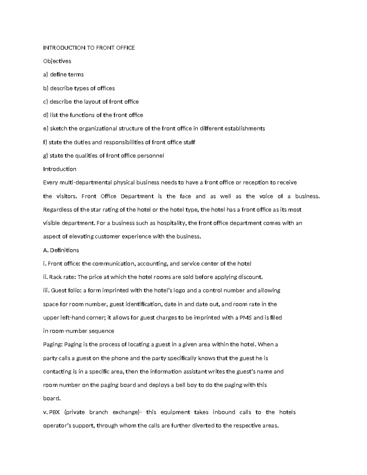 Introduction TO Front Office all - INTRODUCTION TO FRONT OFFICE ...