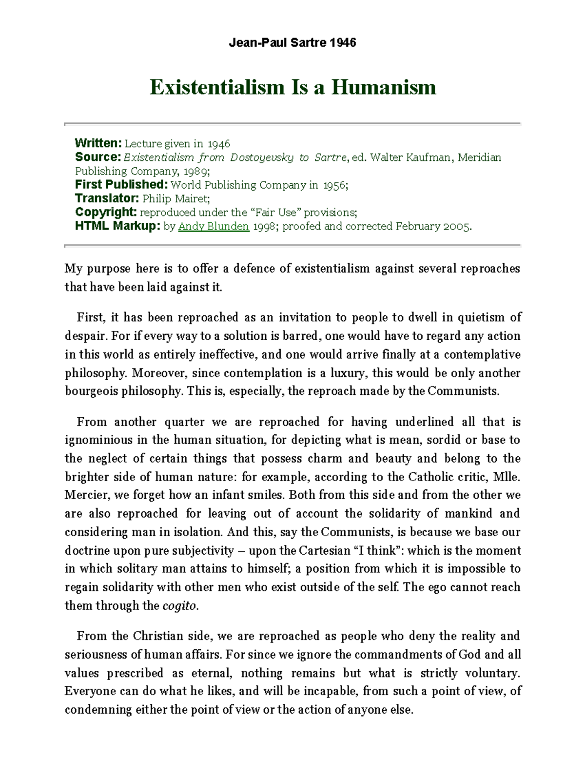 Existentialism is a Humanism, Jean-Paul Sarte 1946 - JeanPaul Sartre 1946 Existentialism Is a ...